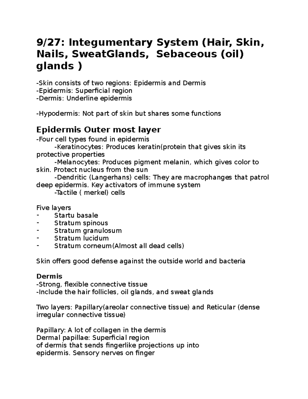 Anatomy and physiology I 9-27 - 9/27: Integumentary System (Hair, Skin ...