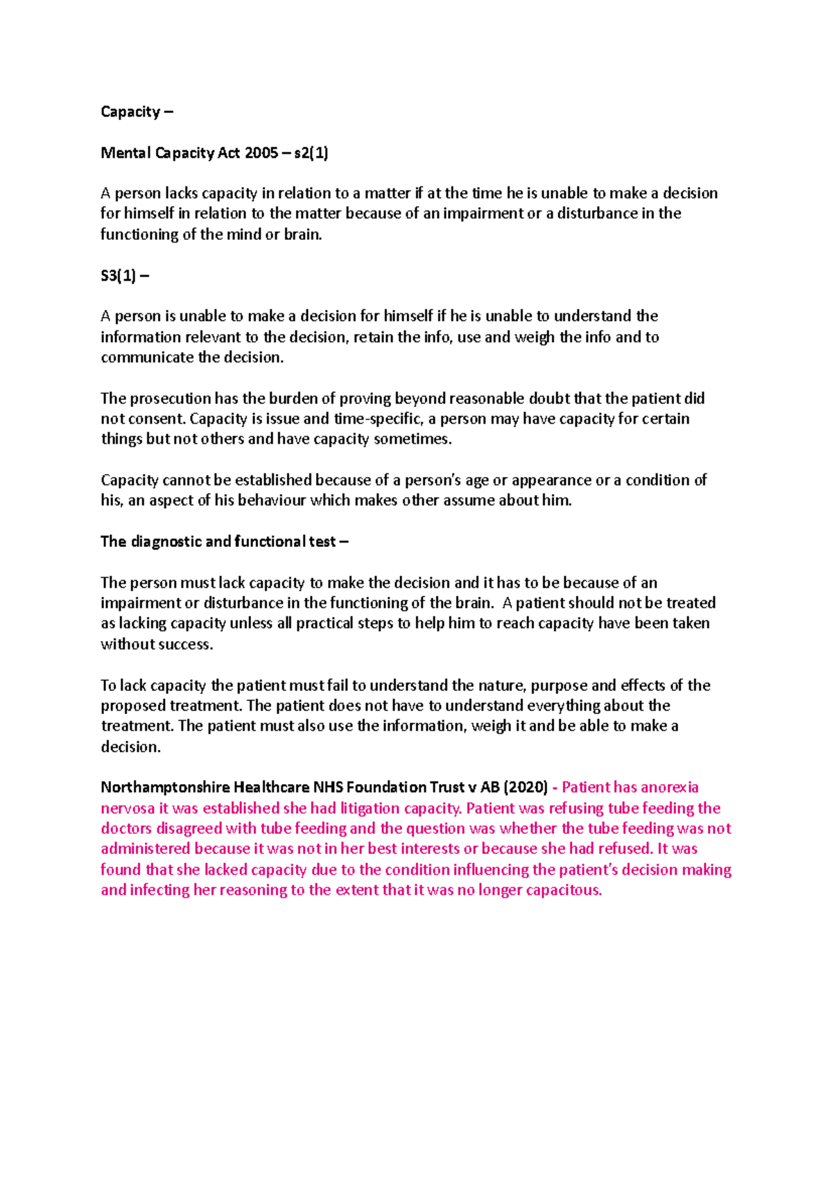 Mental capacity notes - Capacity – Mental Capacity Act 2005 – s2(1) A ...