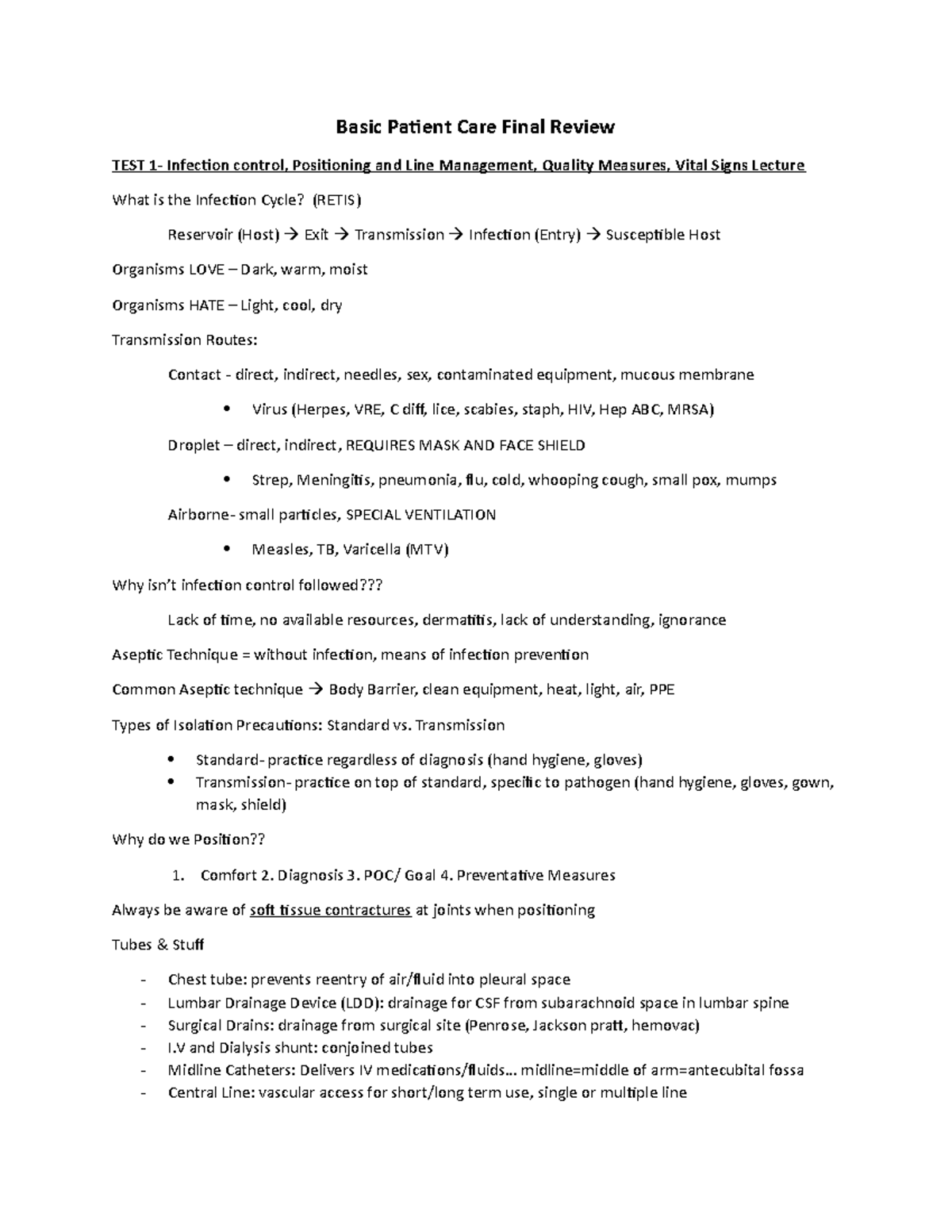 Basic Patient Care Final Review - Transmission Standard- practice ...