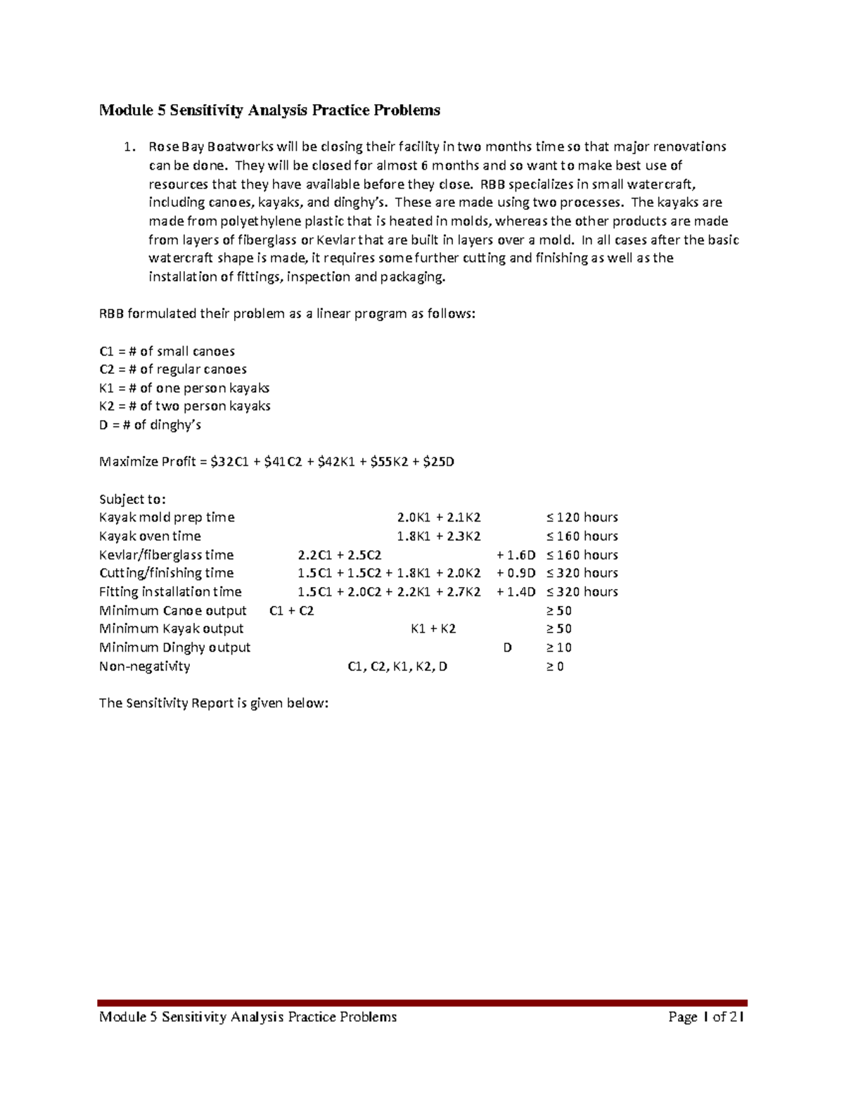 Module 5 Sensitivity Analysis - Practice Problems 2019 - Module 5 Sensitivity Analysis Practice ...