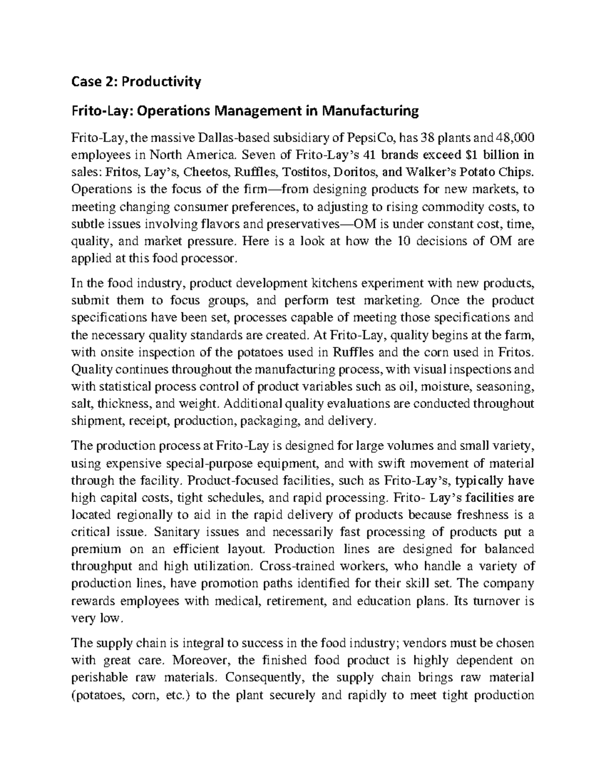 Case 2 productivity - fghj - Case 2: Productivity Frito-Lay: Operations ...