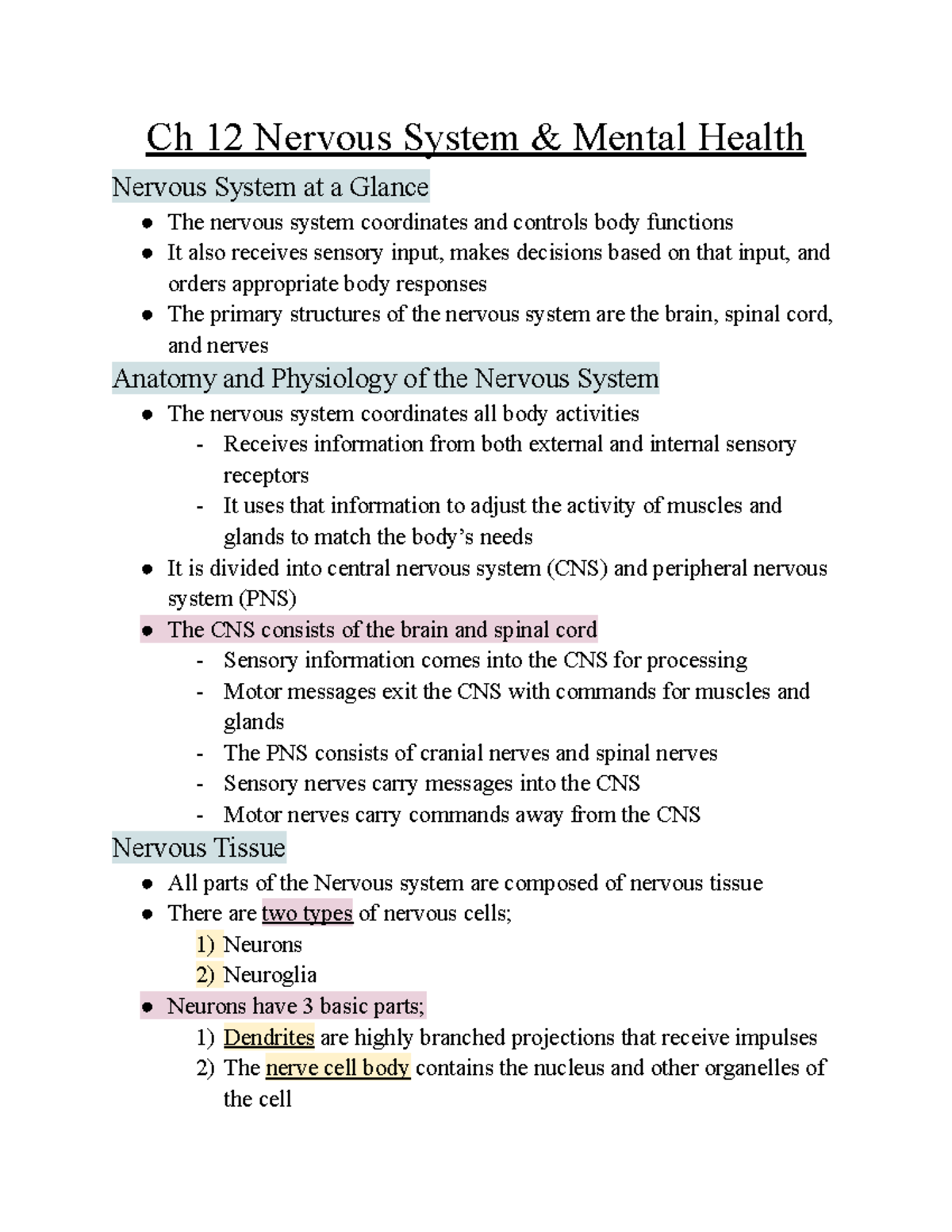 Medical Terminology Ch12 Lecture Notes - Ch 12 Nervous System & Mental ...