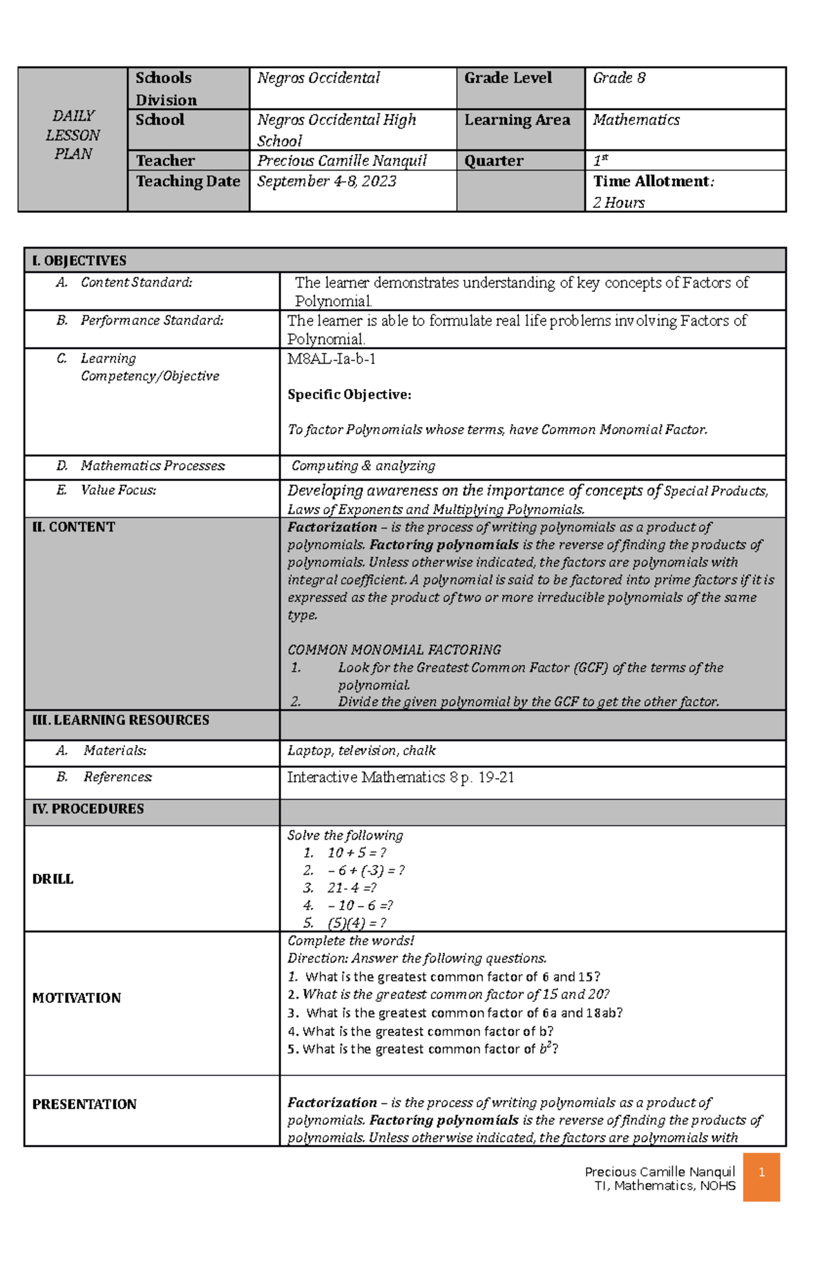 Lesson 1-week 1 grade 8 math - DAILY LESSON PLAN Schools Division ...