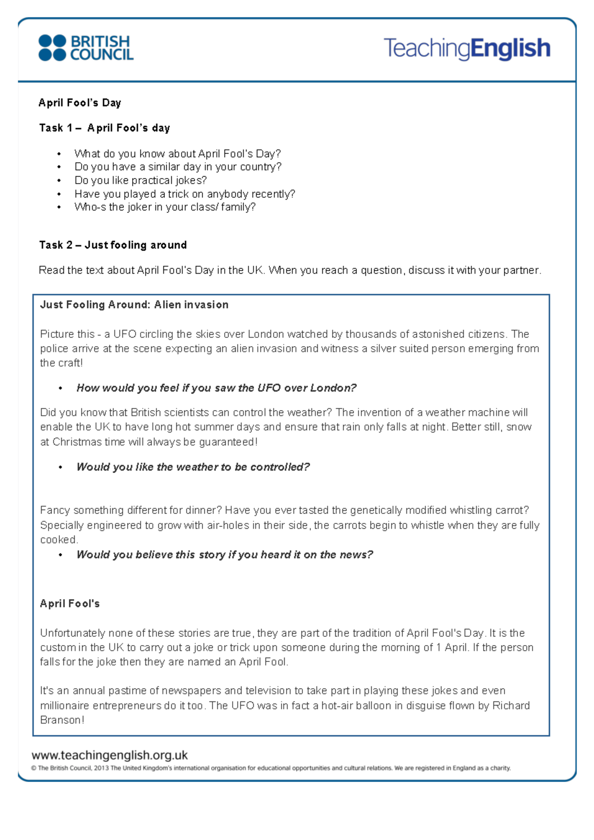 April Fool's Day student worksheet - April Fool’s Day Task 1 – April ...