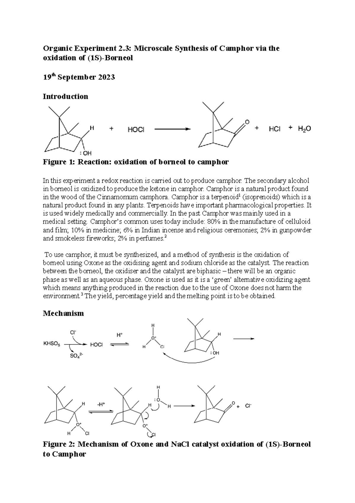Microscale Synthesis of Camphor via the Oxidation of (1S)-Borneol - The ...