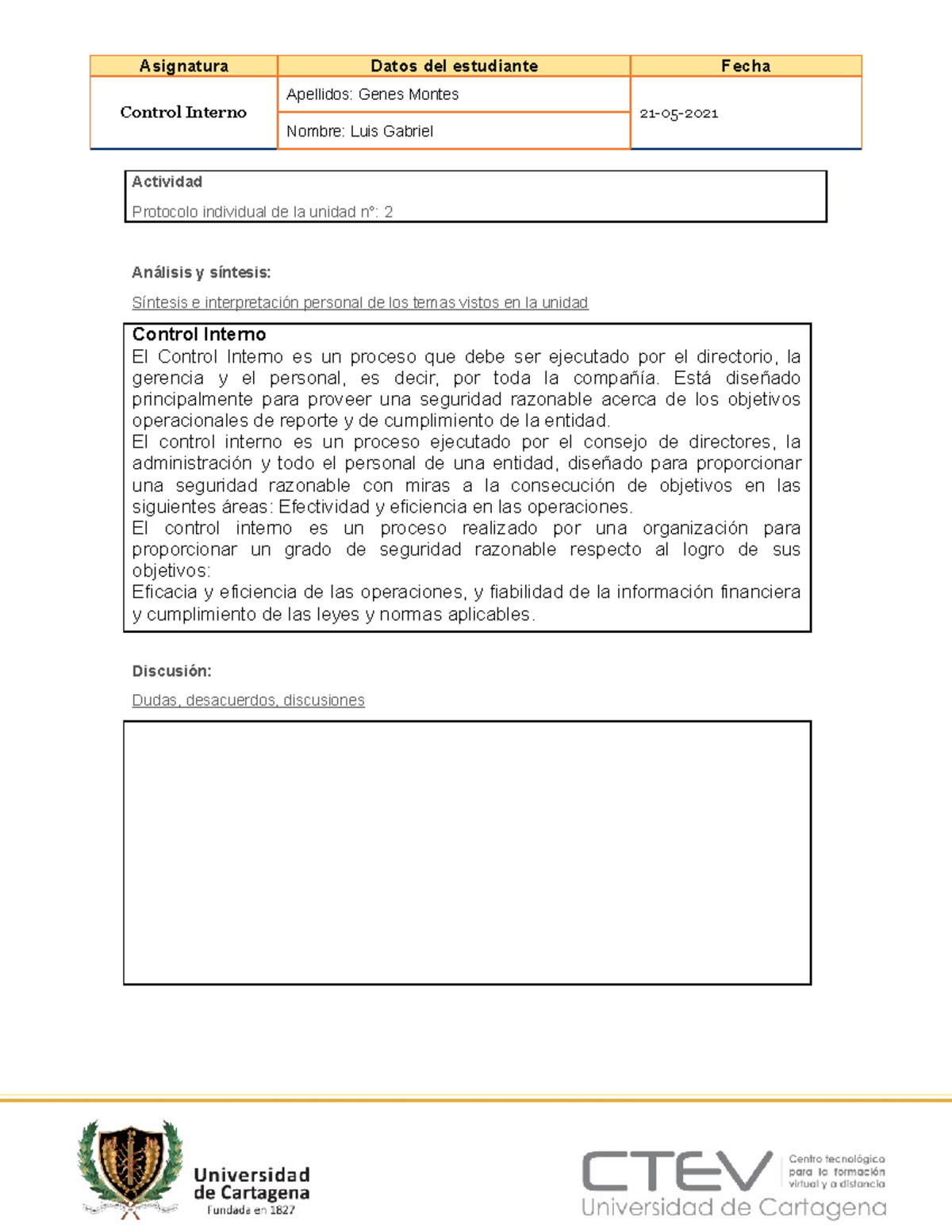 Protocolo individual Control Interno Unidad 2 - Asignatura Datos del ...
