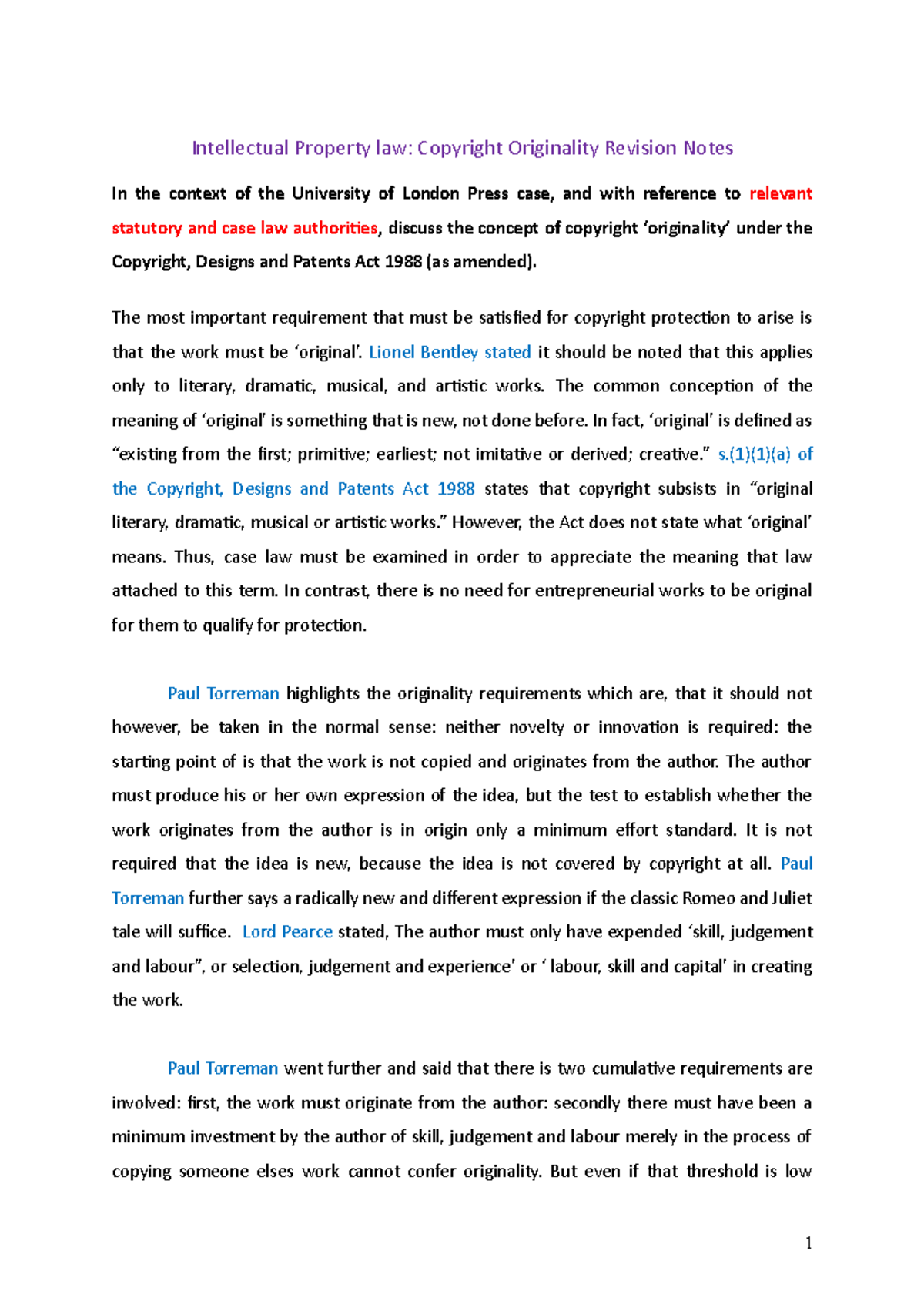Copyright orginality revision notes - Intellectual Property law ...