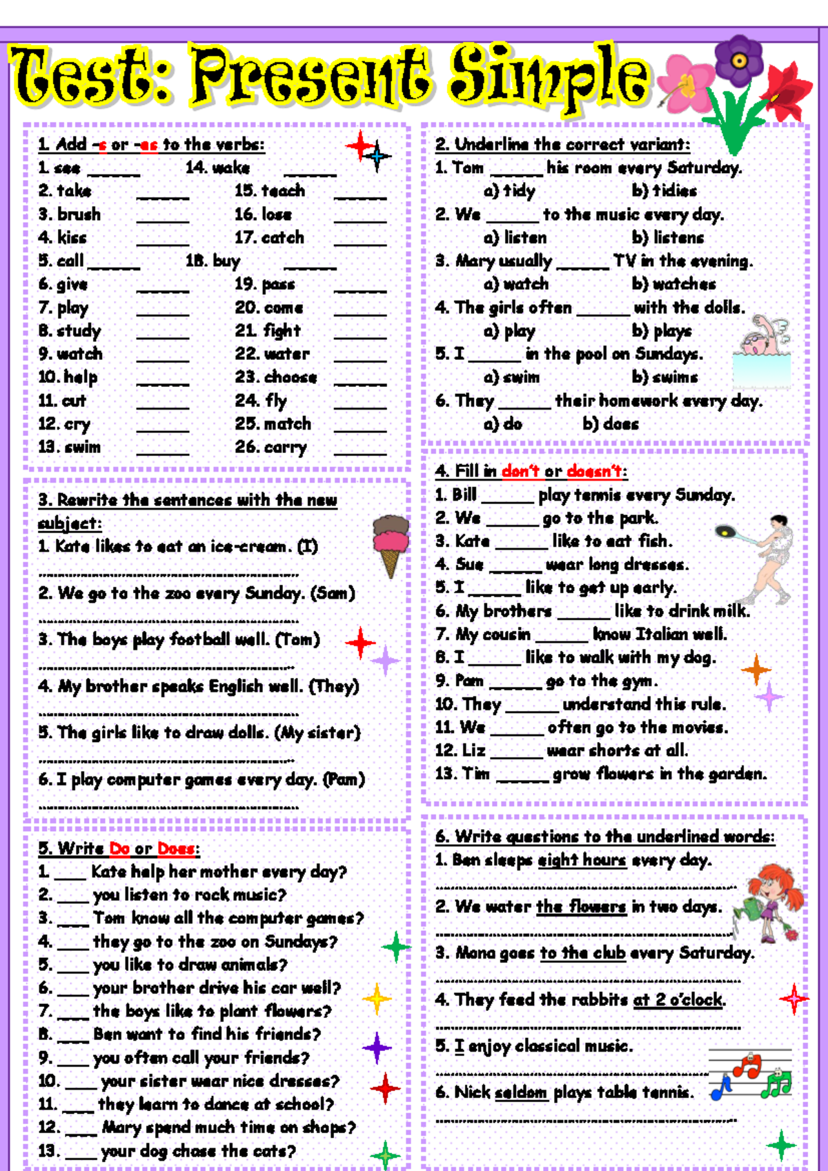 Test - Present Simple - Add – s or - es to the verbs: see _____ 14 ...