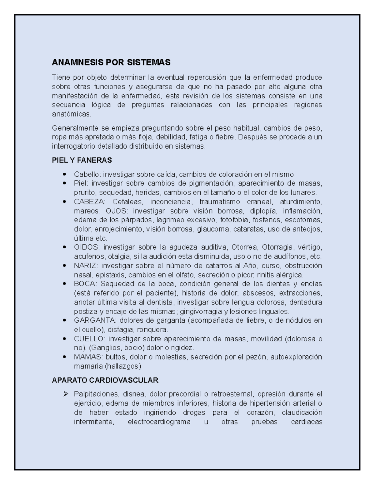 Amnesis por sistemas-Historía clínica - ANAMNESIS POR SISTEMAS Tiene ...