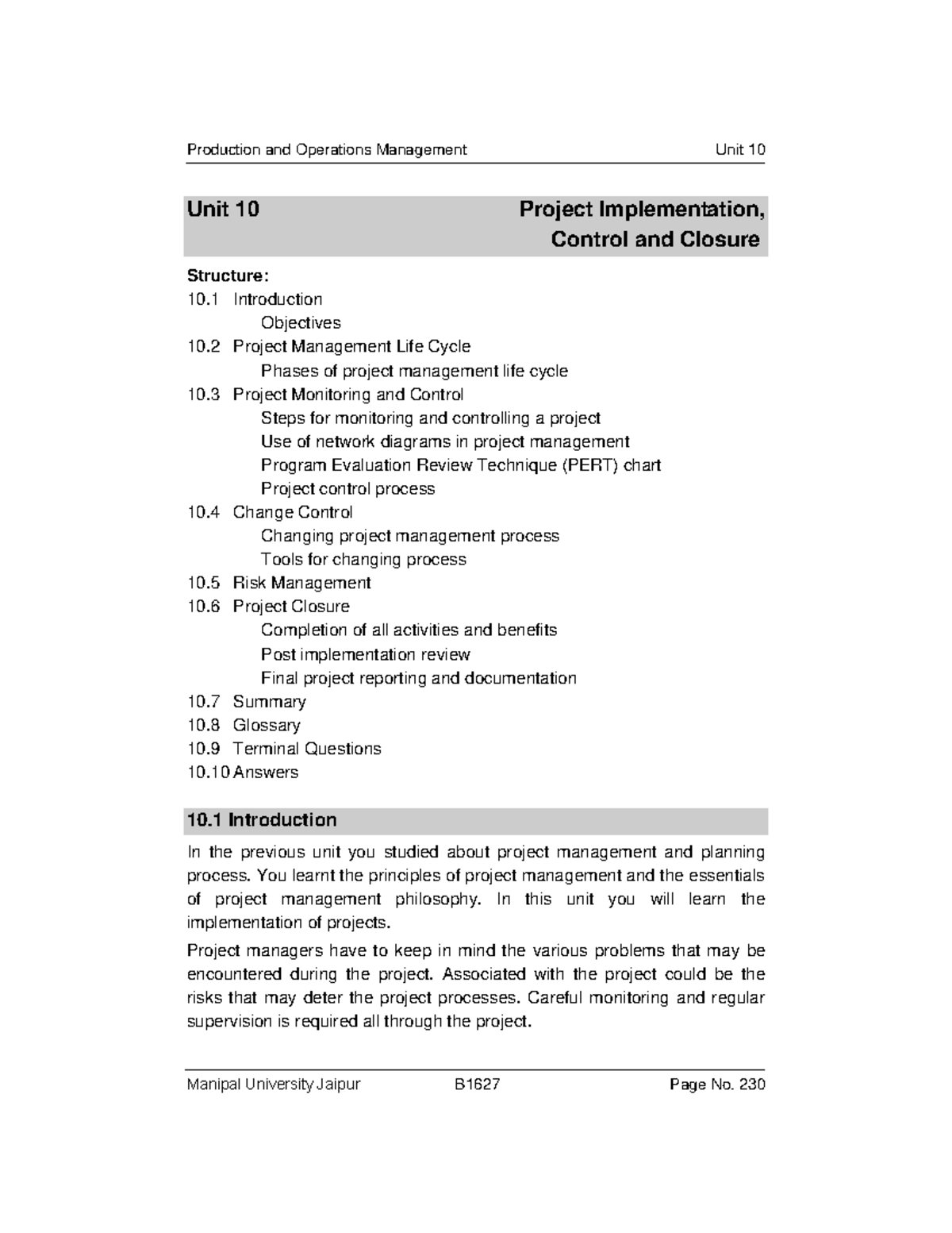 Unit 10 Project Implementation, Control and Closure - Unit 10 Project Implementation, Control ...