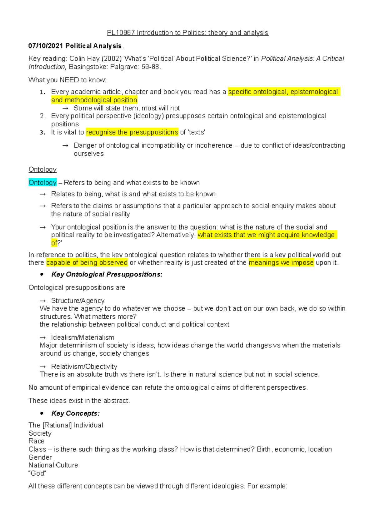 Lecture 2: Political Analysis - PL10967 Introduction to Politics ...