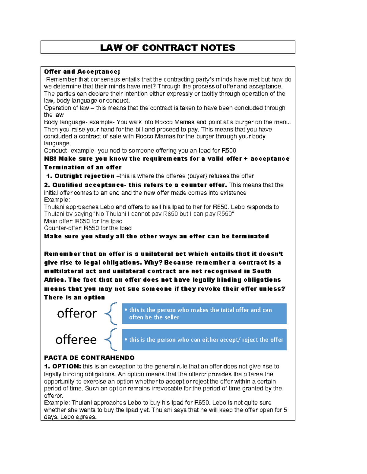 LCT Notes.pdf - Notes - LAW OF CONTRACT NOTES Offer and Acceptance ...