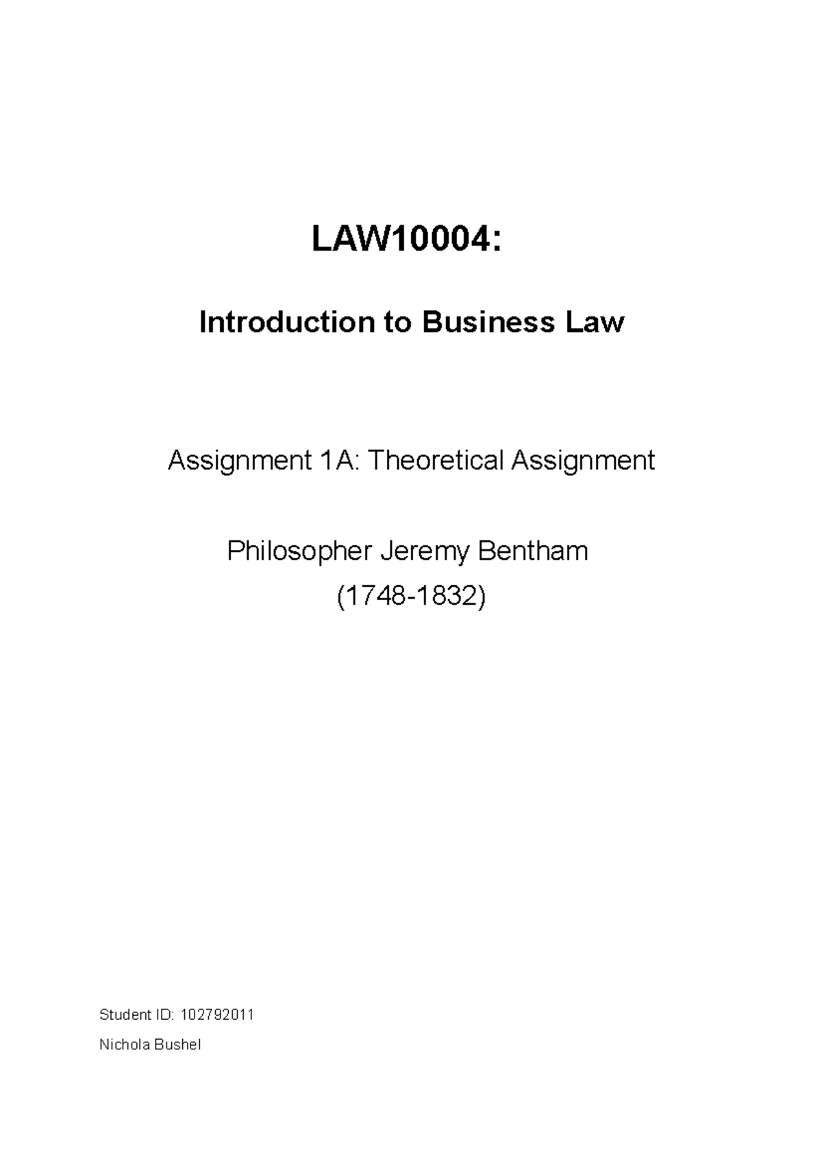 Assignment 1A - LAW10004: Introduction to Business Law Assignment 1A ...