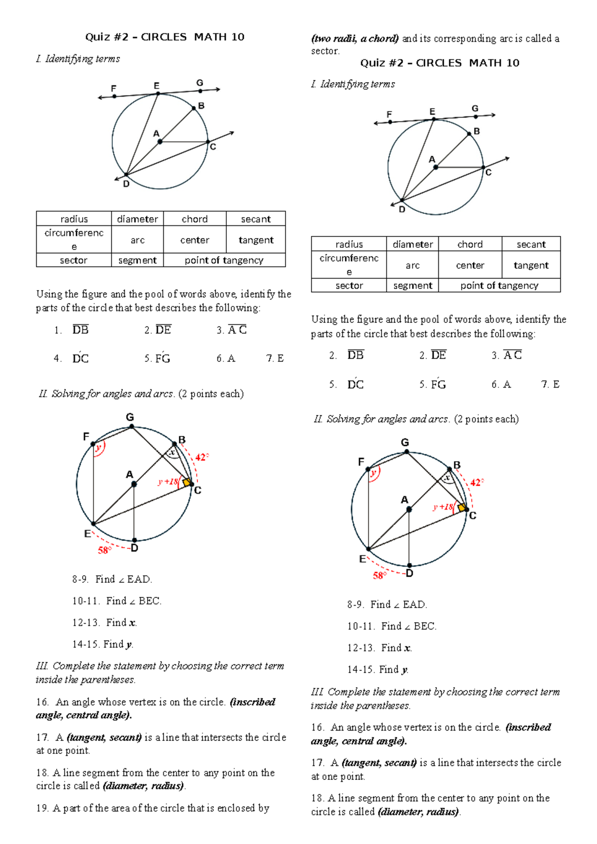 Quiz 2 Circles - Barter only. - Quiz #2 – CIRCLES MATH 10 I ...