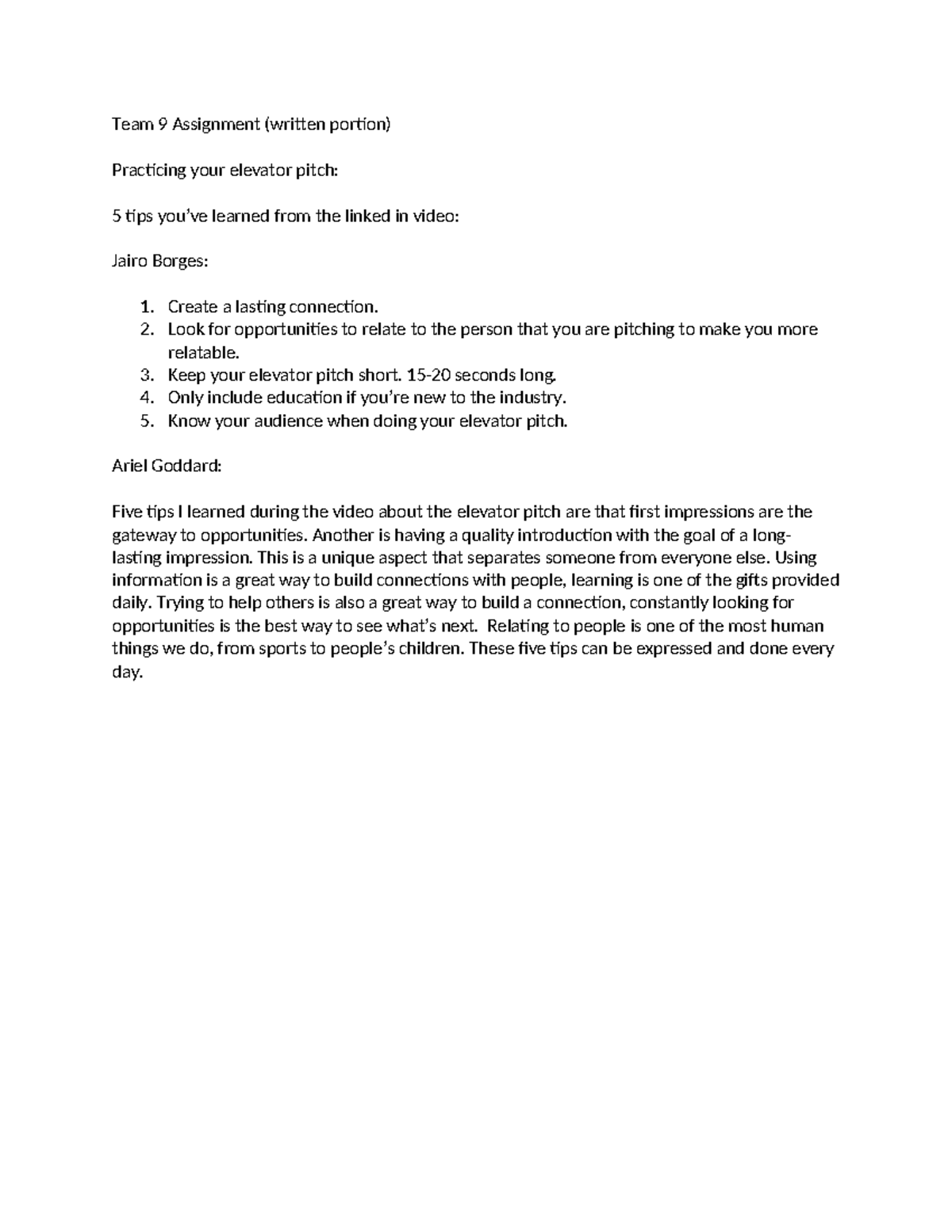 Team Assignment (elevator pitch) - Team 9 Assignment (written portion ...