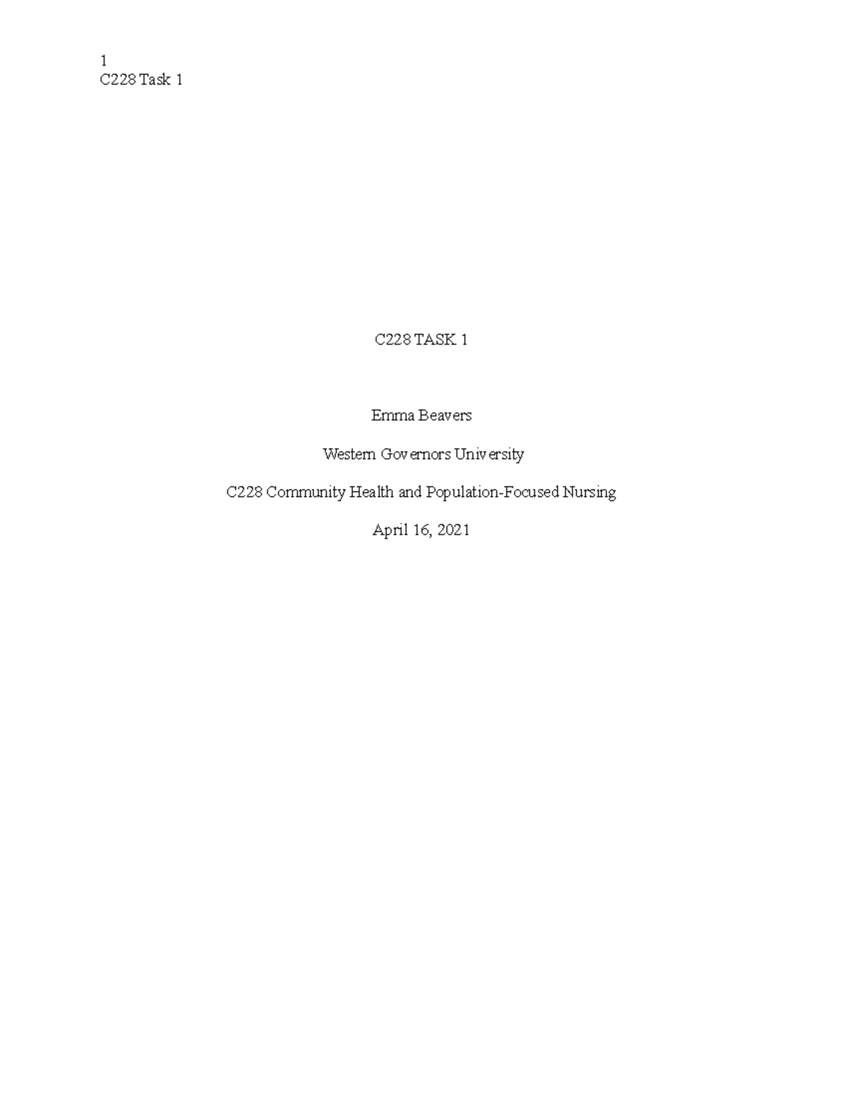 C228 Community Health TASK 1 Document - C228 Task 1 C228 TASK 1 Emma ...