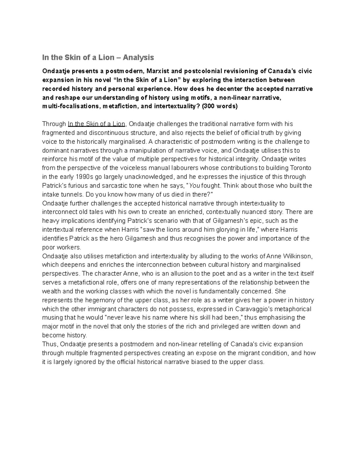 Prelim English: In the Skin of a Lion response - In the Skin of a Lion ...