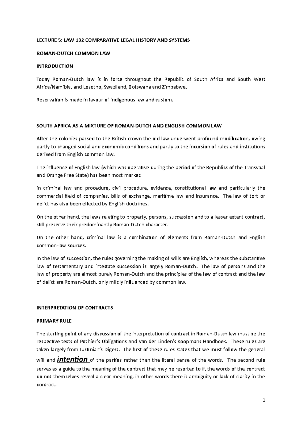 Lecture 5 LAW 132 Roman- Dutch Common LAW - LECTURE 5: LAW 132 ...