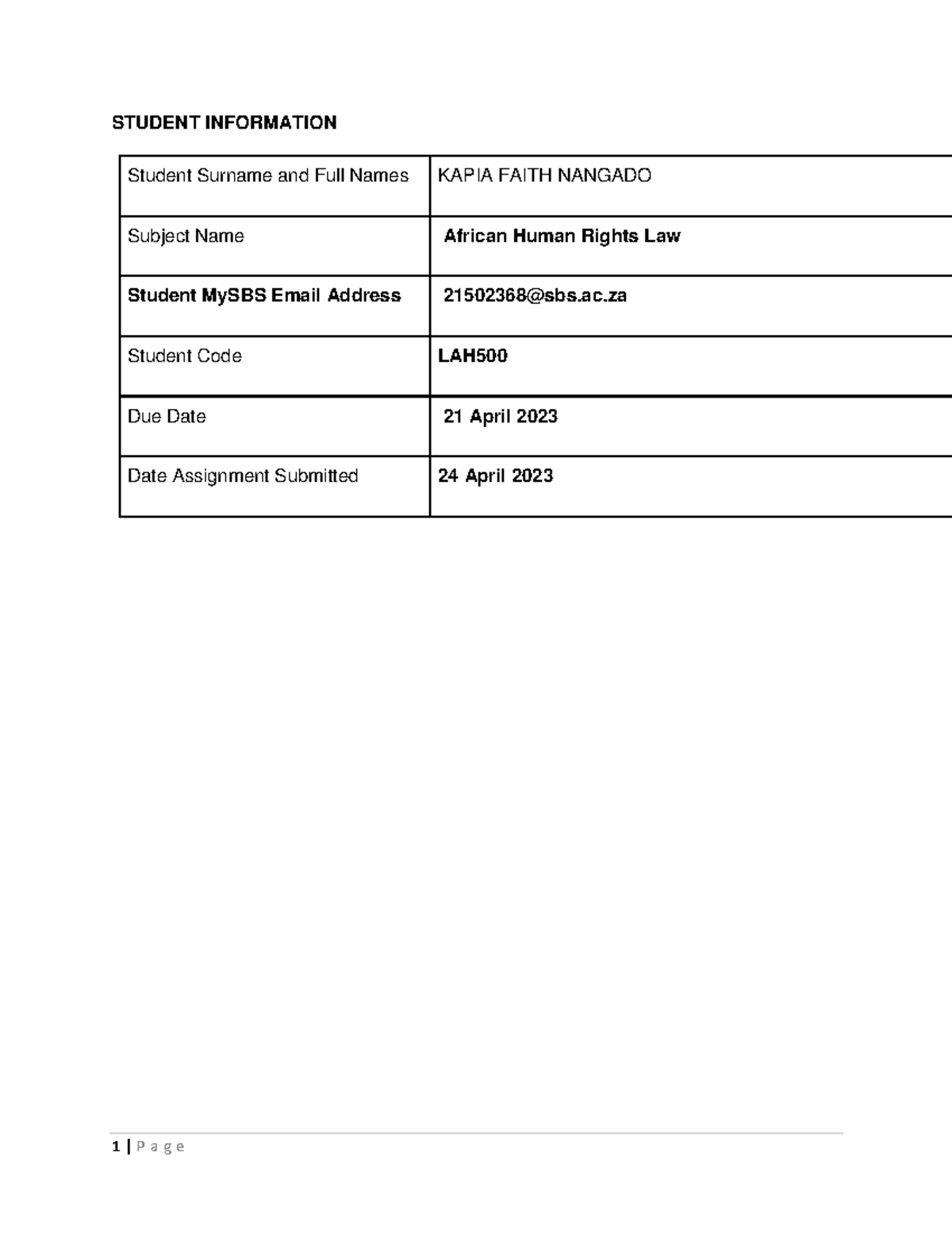 Kapia 21502368 LAH500 - Just an assignment - STUDENT INFORMATION Student Surname and Full Names ...