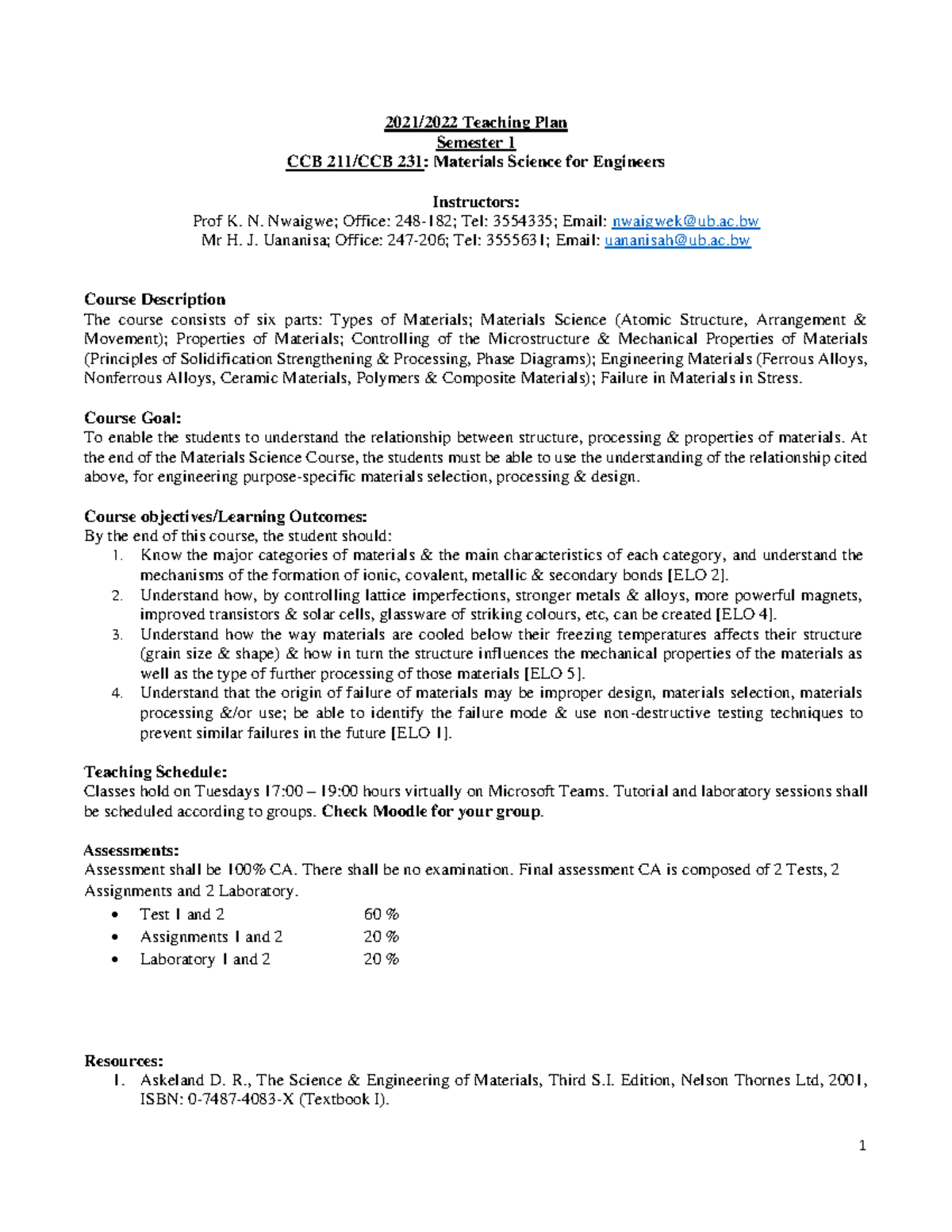 Teaching Plan 2021 Updated for CCB 231 - 1 2021/2022 Teaching Plan ...