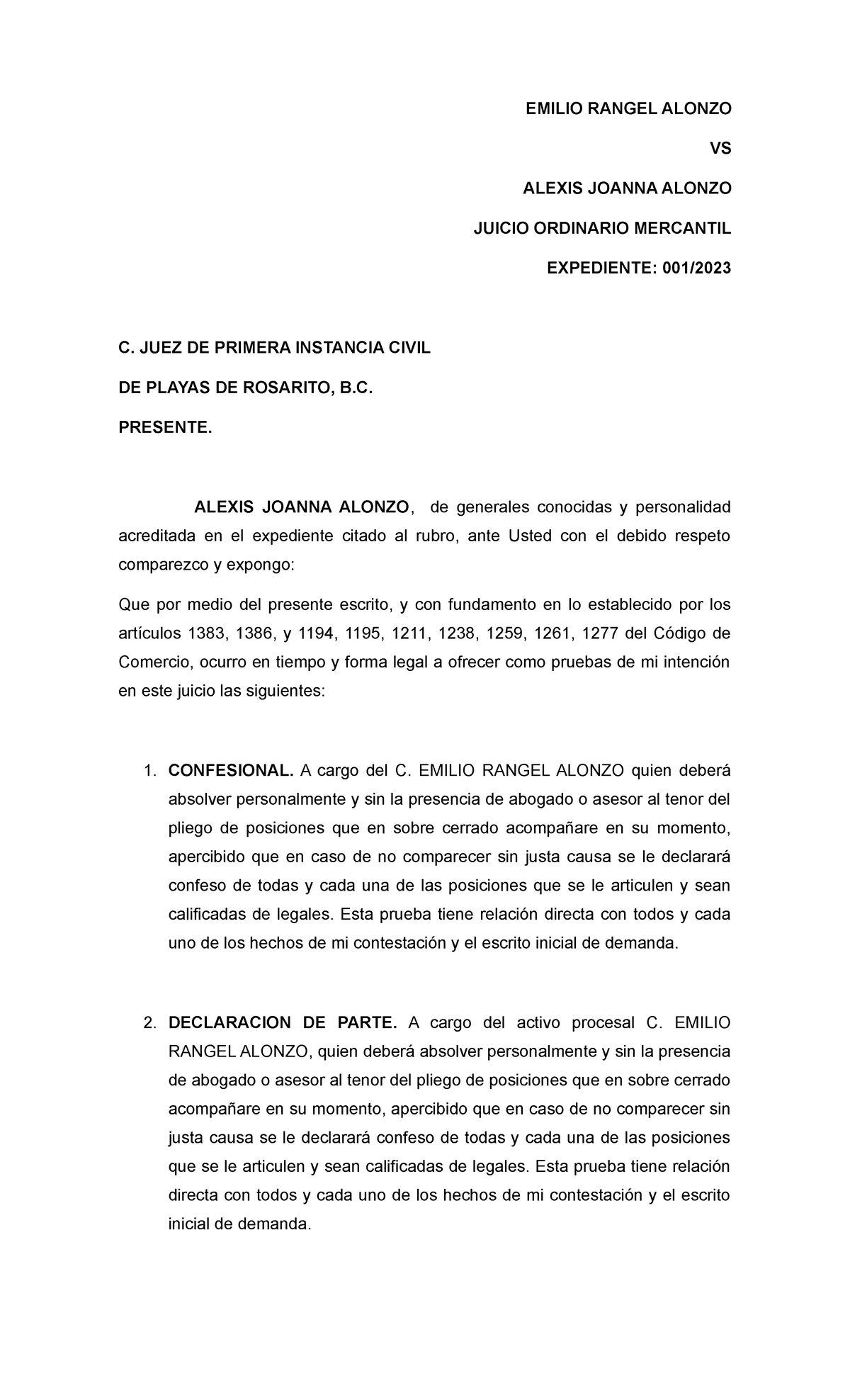 Pruebas DE Contestacion - EMILIO RANGEL ALONZO VS ALEXIS JOANNA ALONZO ...