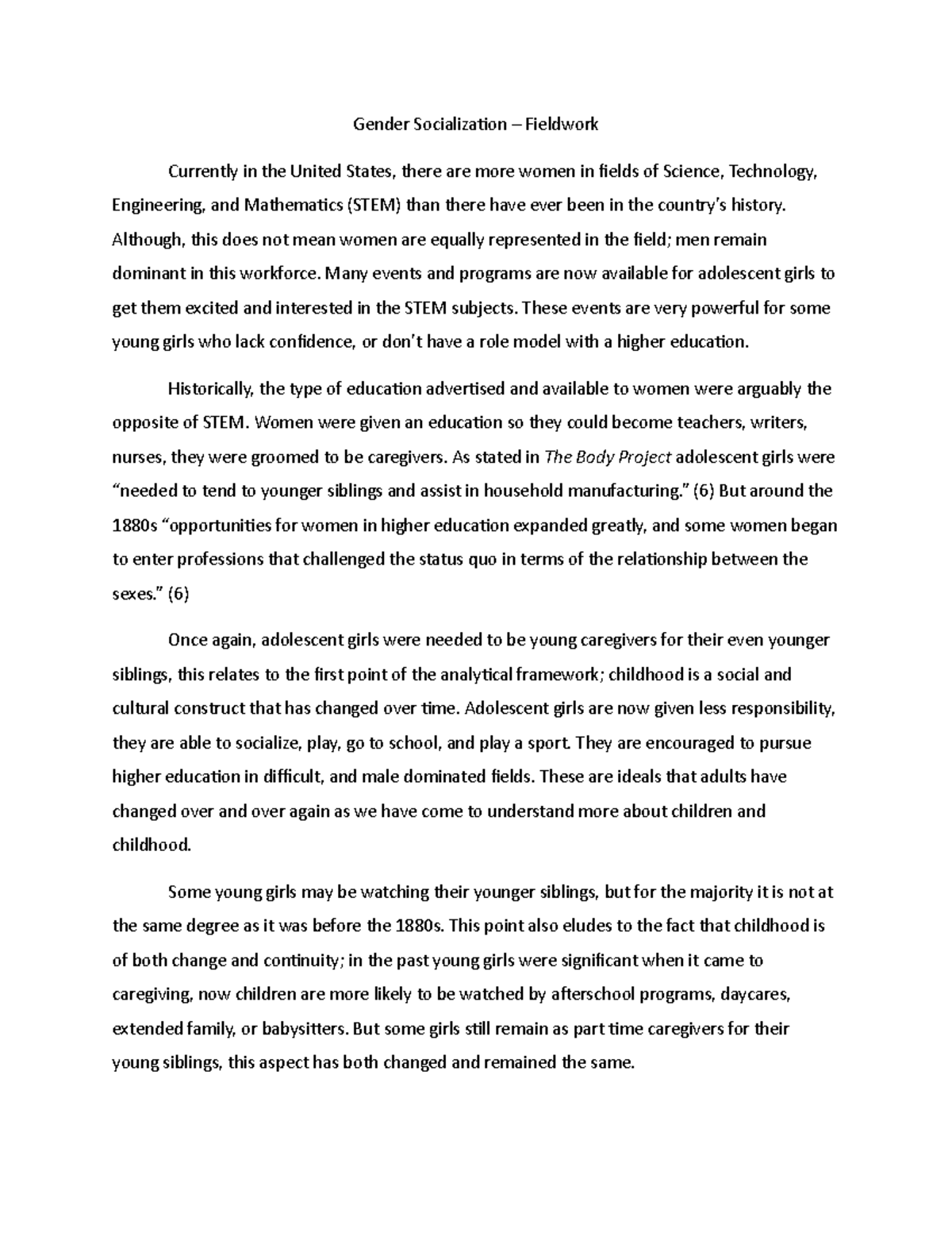 Field Work Short Paper - Gender Socialization – Fieldwork Currently in ...