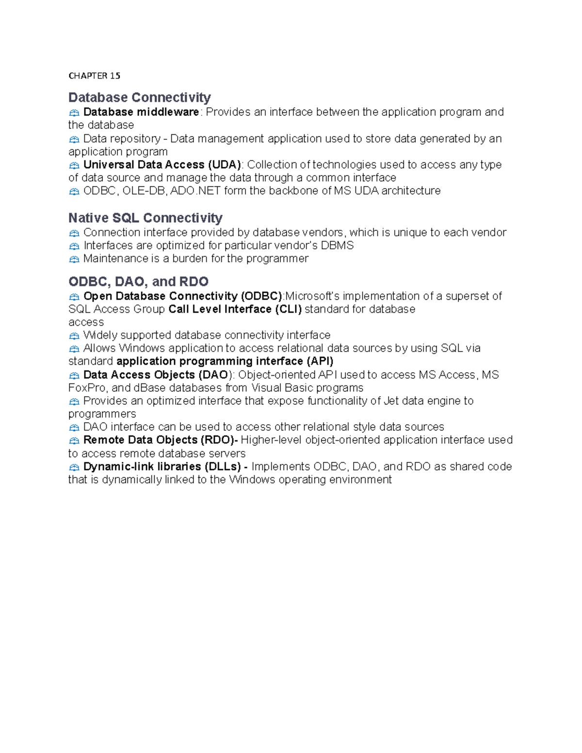 Chapter 15,14 - CHAPTER 15 Database Connectivity Database middleware : Provides an interface ...