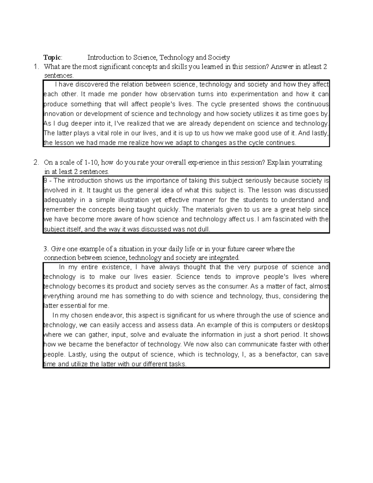 1STS - PROGRESS REPORT - Topic : Introduction to Science, Technology ...