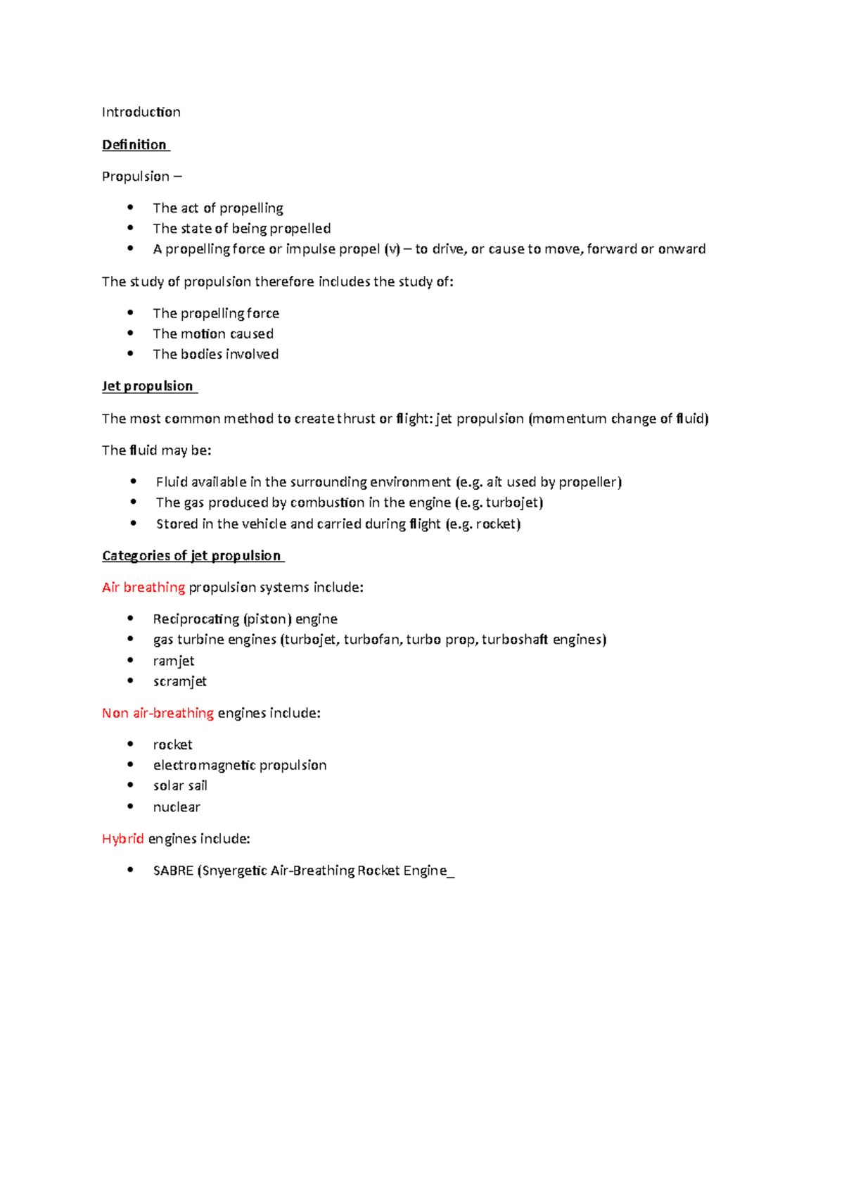 1. Introduction - Lecture notes 1 - Introduction Definition Propulsion ...