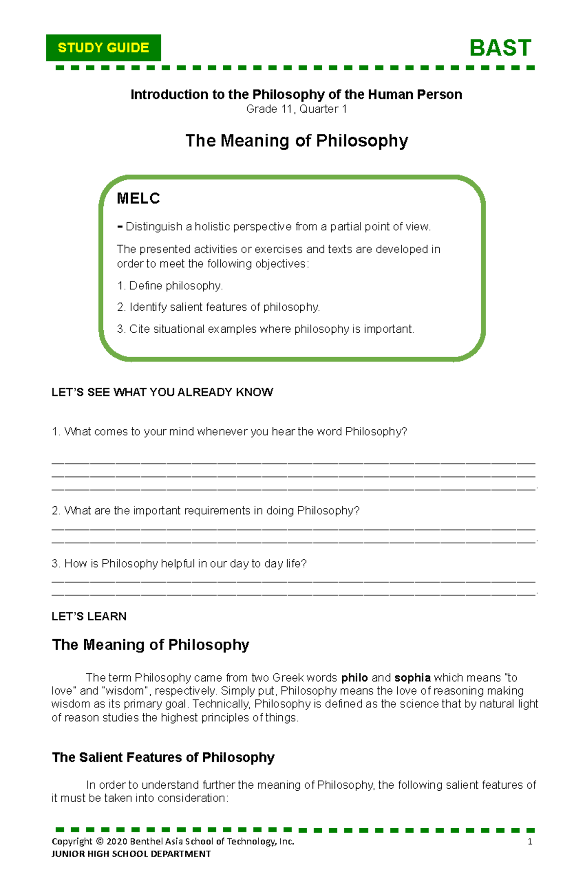 Week 1 Doing Philosphy - Introduction to the Philosophy of the Human ...