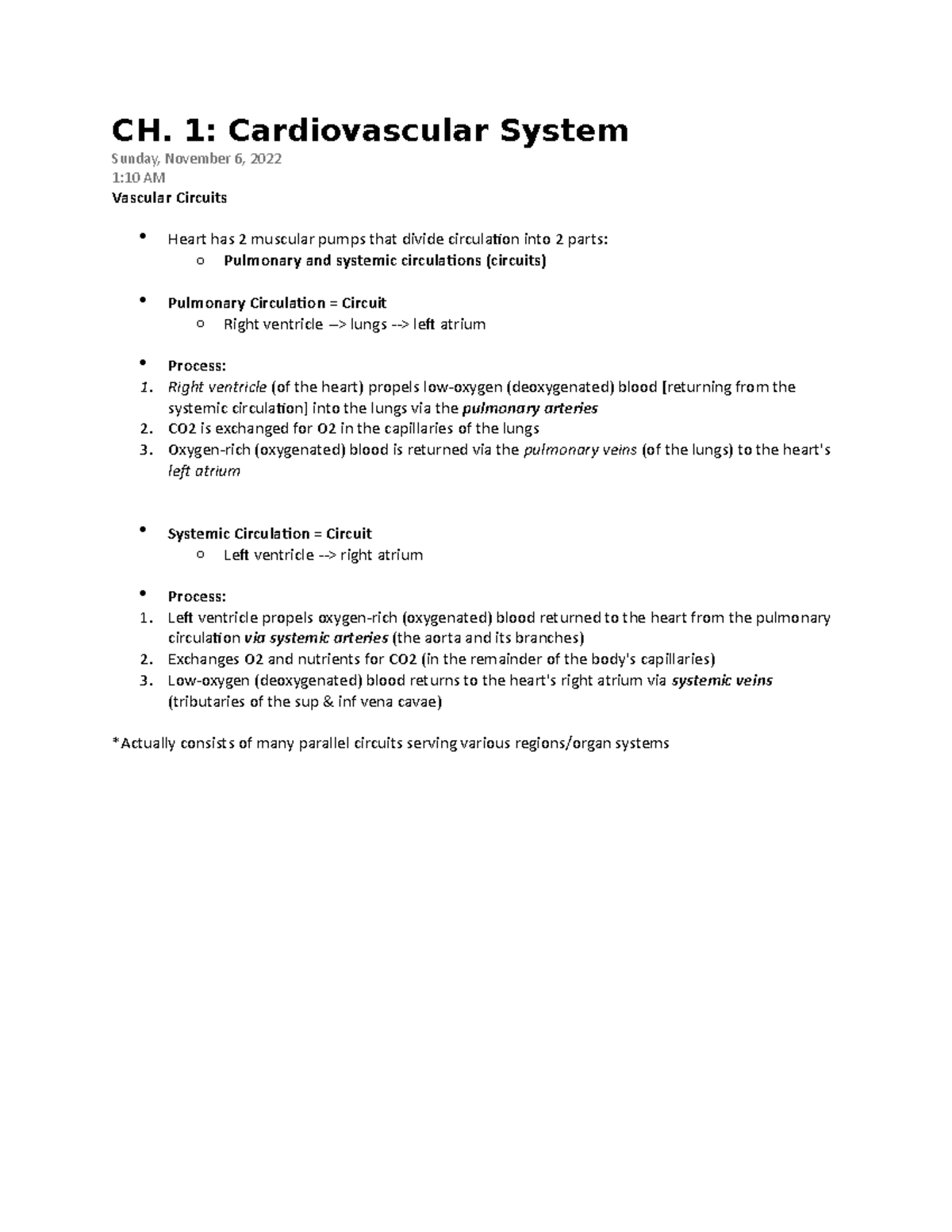 Cardio system - Flow of blood through circuits - CH. 1: Cardiovascular ...
