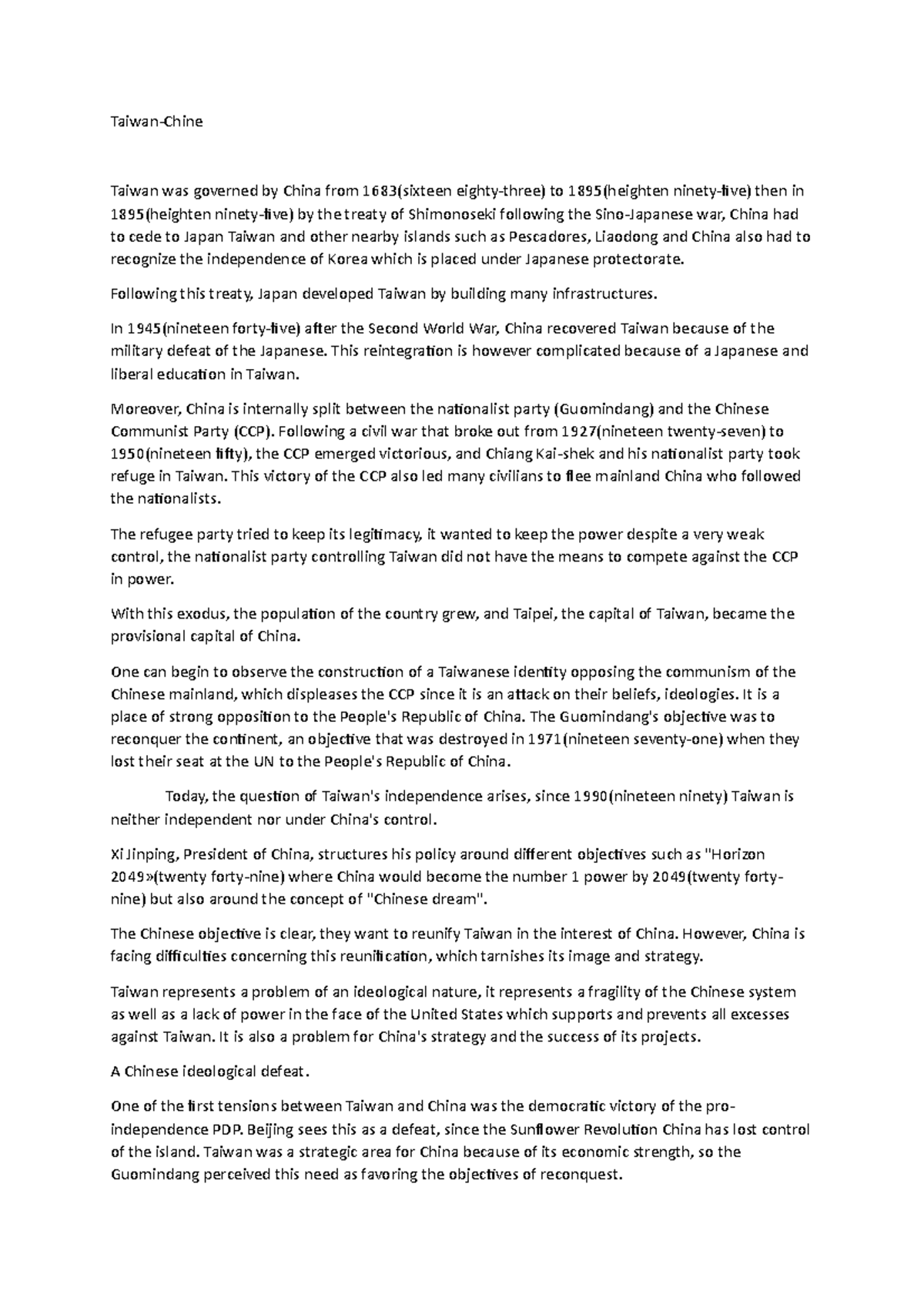 Taiwan - Notes de cours 5-7 - Taiwan-Chine Taiwan was governed by China ...