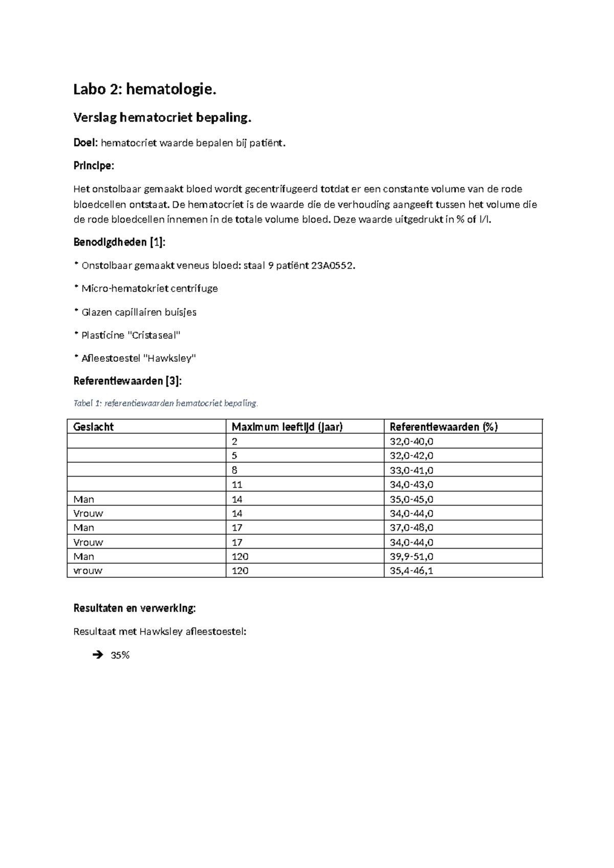Hematocriet reticulocyten 18okt23 - Labo 2: hematologie. Verslag ...
