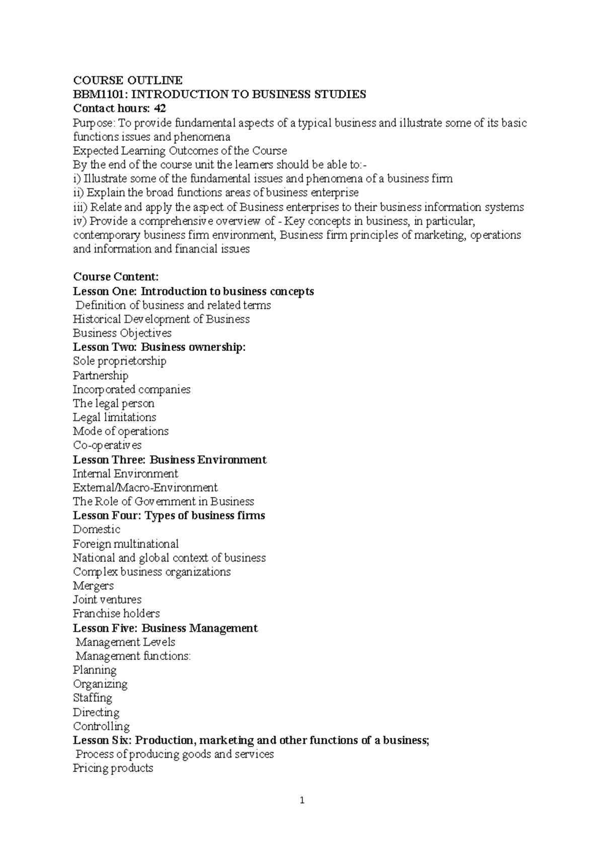 Course Outline BBM1101 Introduction TO Business Studies - COURSE ...