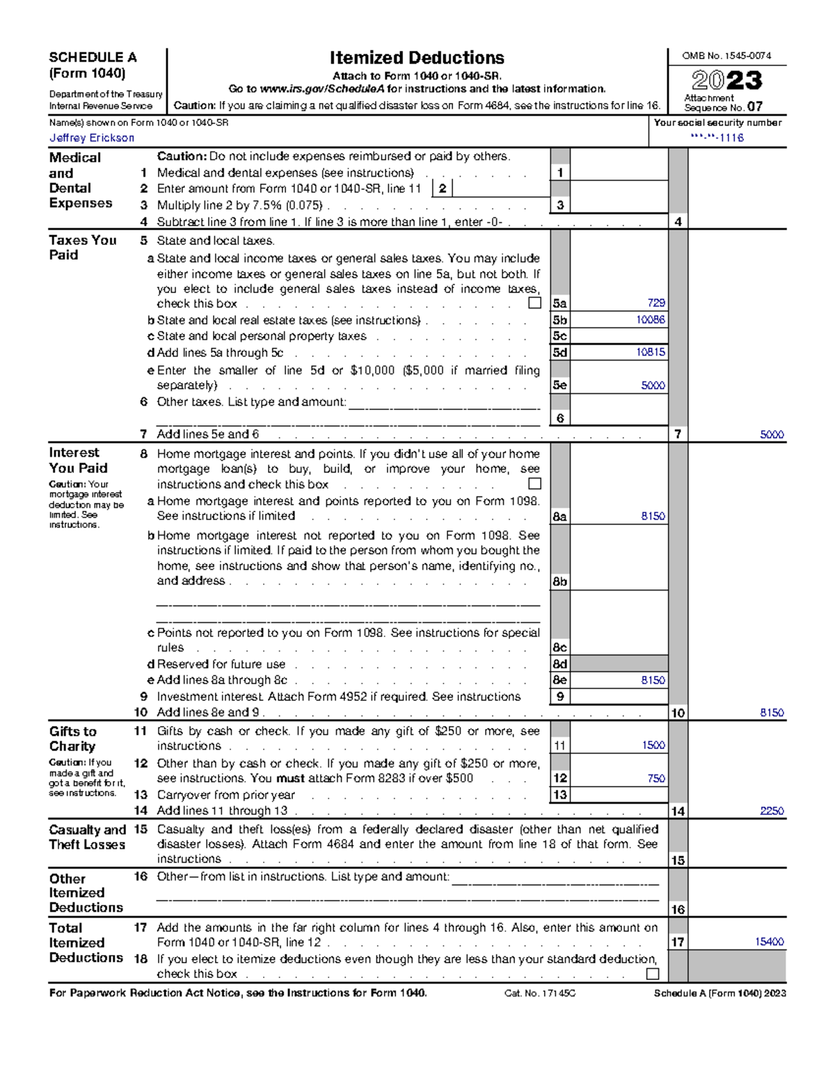 ACC 330 Project One Schedule A Form - SCHEDULE A (Form 1040) Department ...