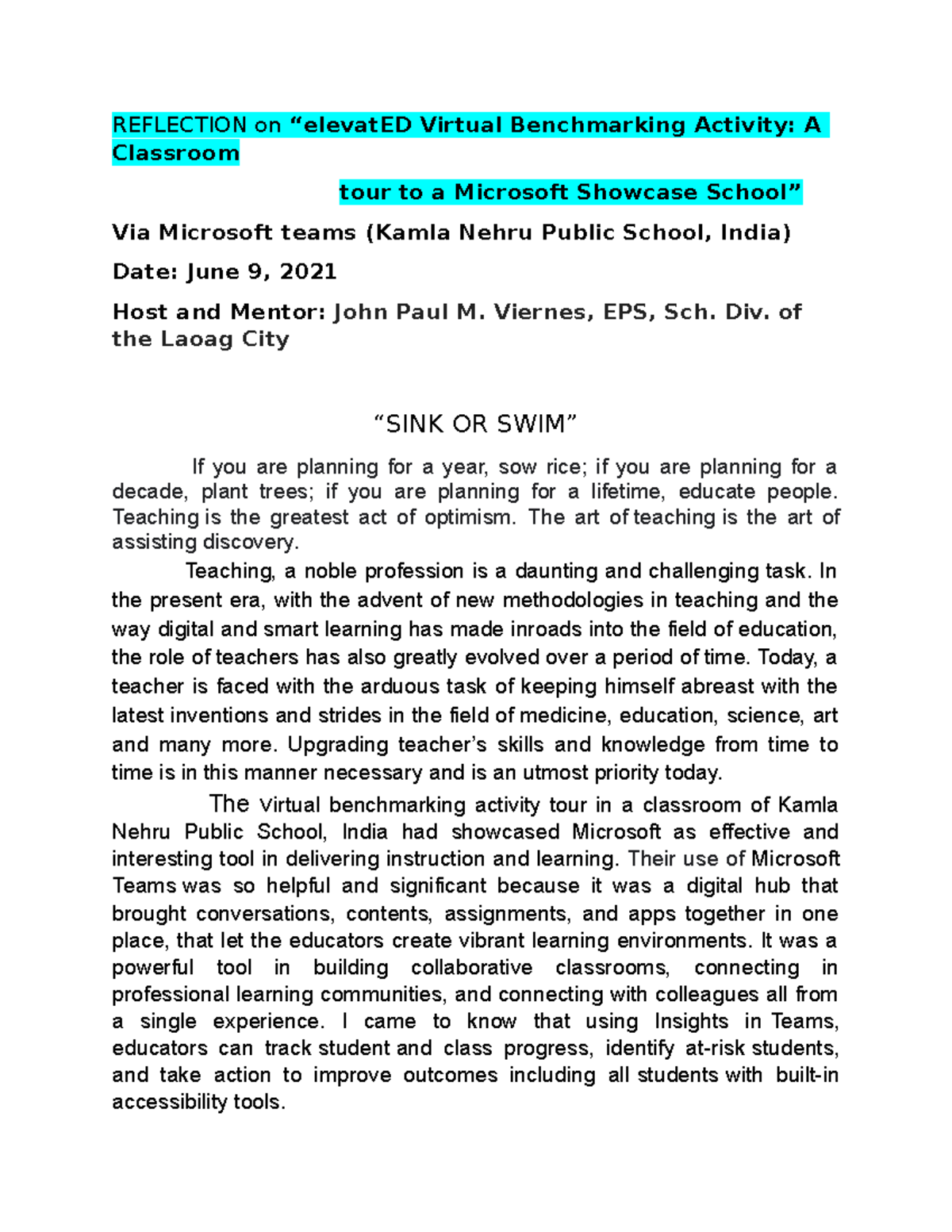 REFLECTION on “Virtual Benchmarking Activity: A Classroom tour to a ...