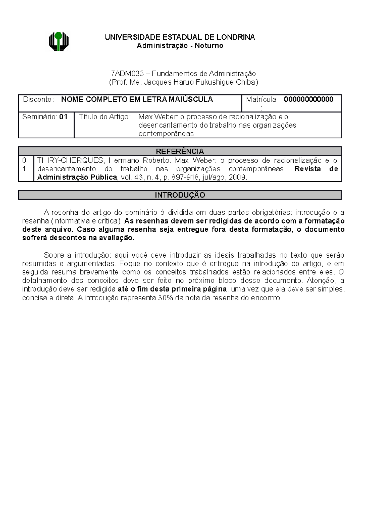 Modelo de Resenha - UNIVERSIDADE ESTADUAL DE LONDRINA Administração ...