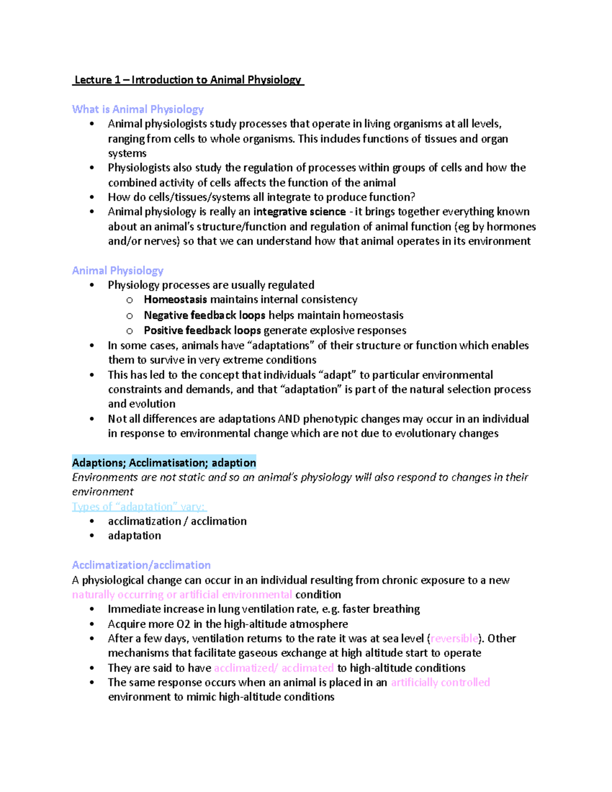 Animal phys notes - All lectures - Lecture 1 – Introduction to Animal ...