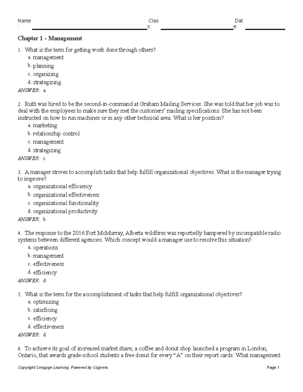 Chapter 1 Management - Test bank based off of Williams, Champion, Hall ...