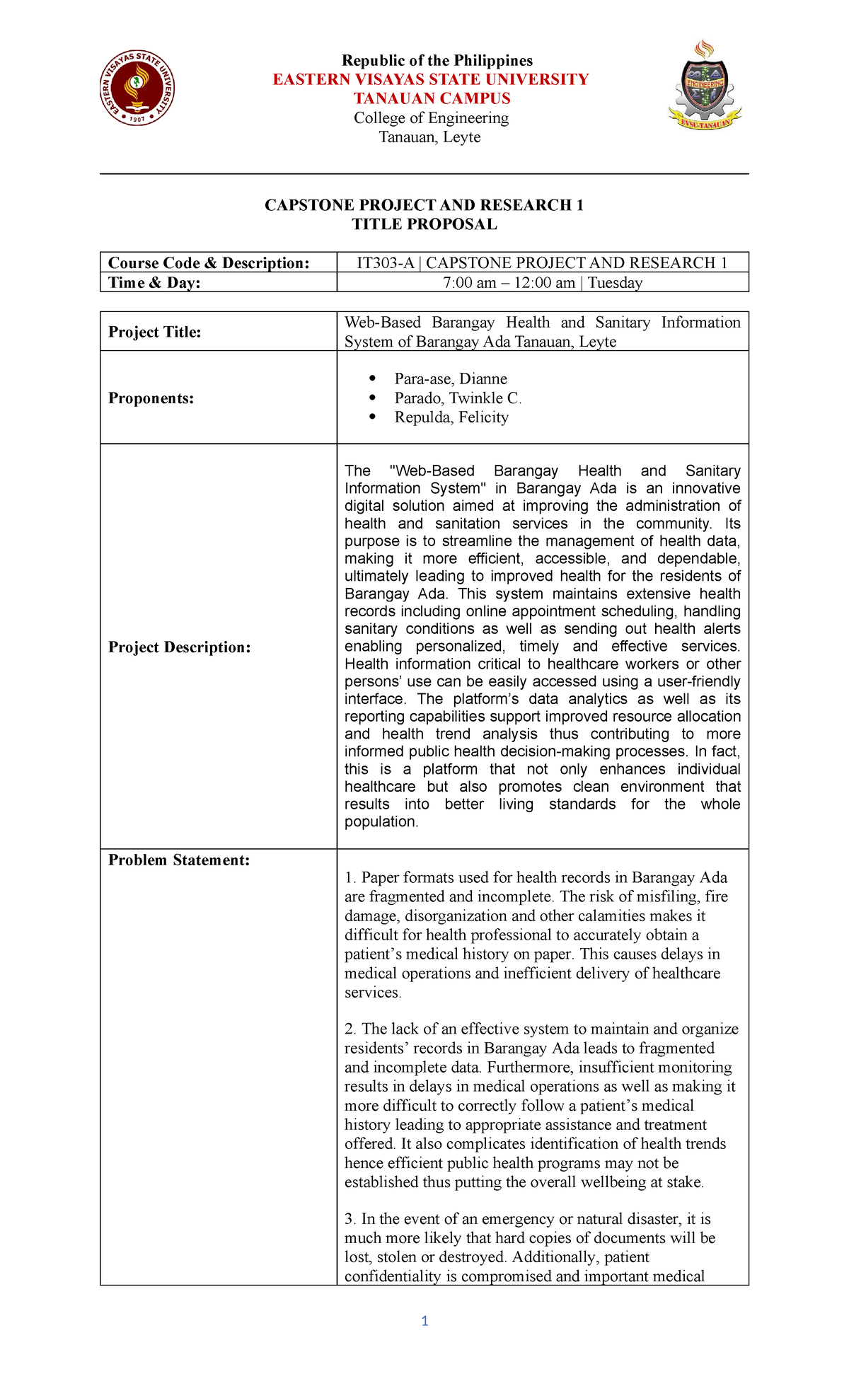 Title Proposal Capstone Project AND Research 1 - Republic of the ...