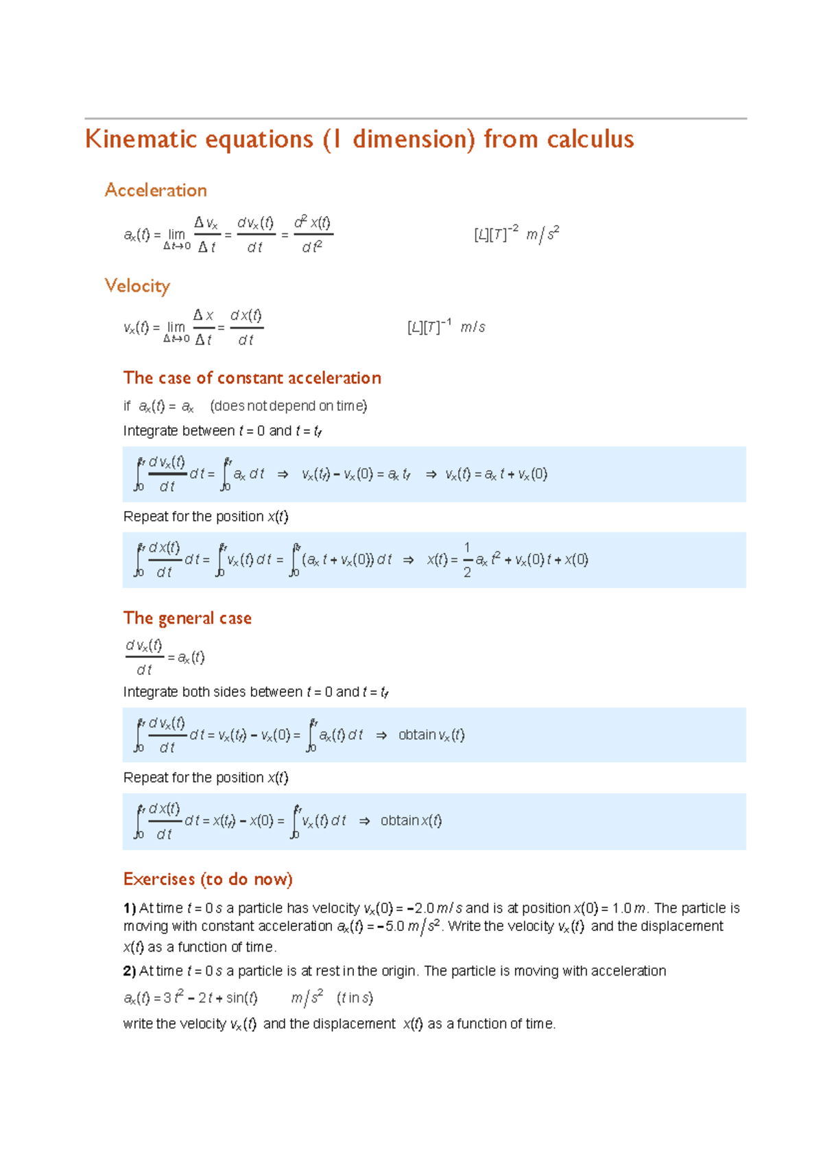 Kinematics 4 - Kinematic equations (1 dimension) from calculus ...