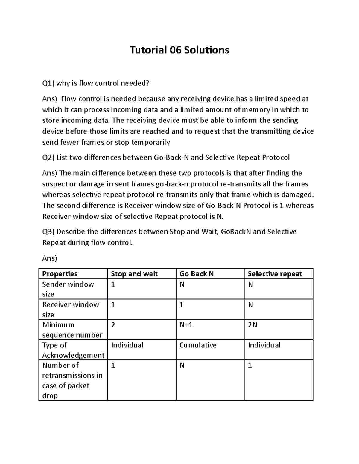 Tutorial 06 Solutions Solution for tutorial 6 - Tutorial 06 Solutions Q1) why is flow control ...