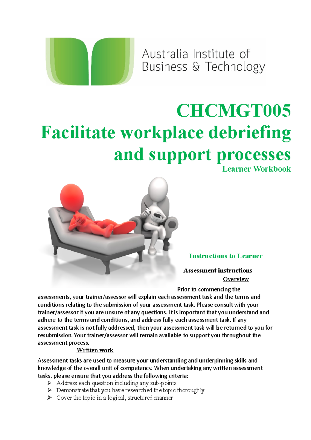 Chcmgt 005 Learner Workbook - Instructions to Learner Assessment instructions Overview Prior to ...
