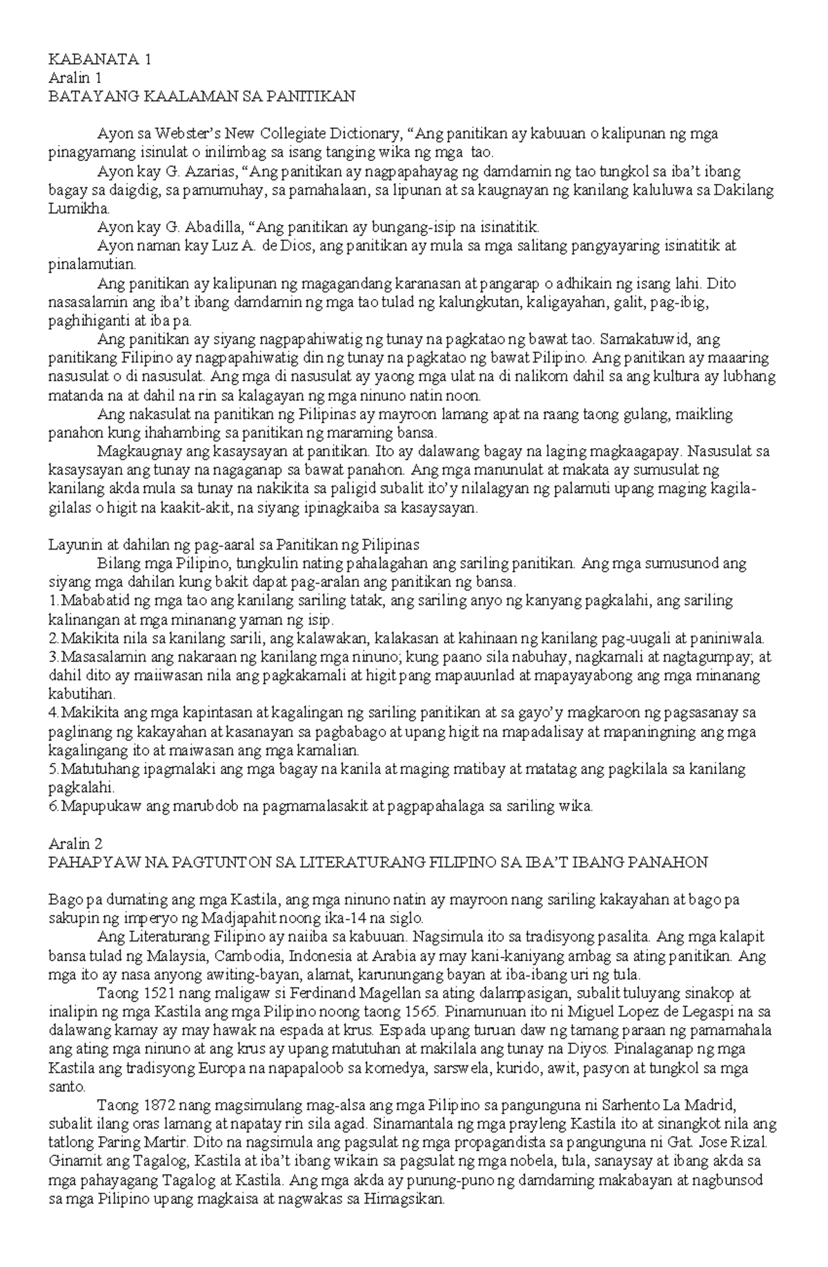 Sos Lit Aralin 1 at 2 - KABANATA 1 Aralin 1 BATAYANG KAALAMAN SA PANITIKAN Ayon sa Webster’s New ...