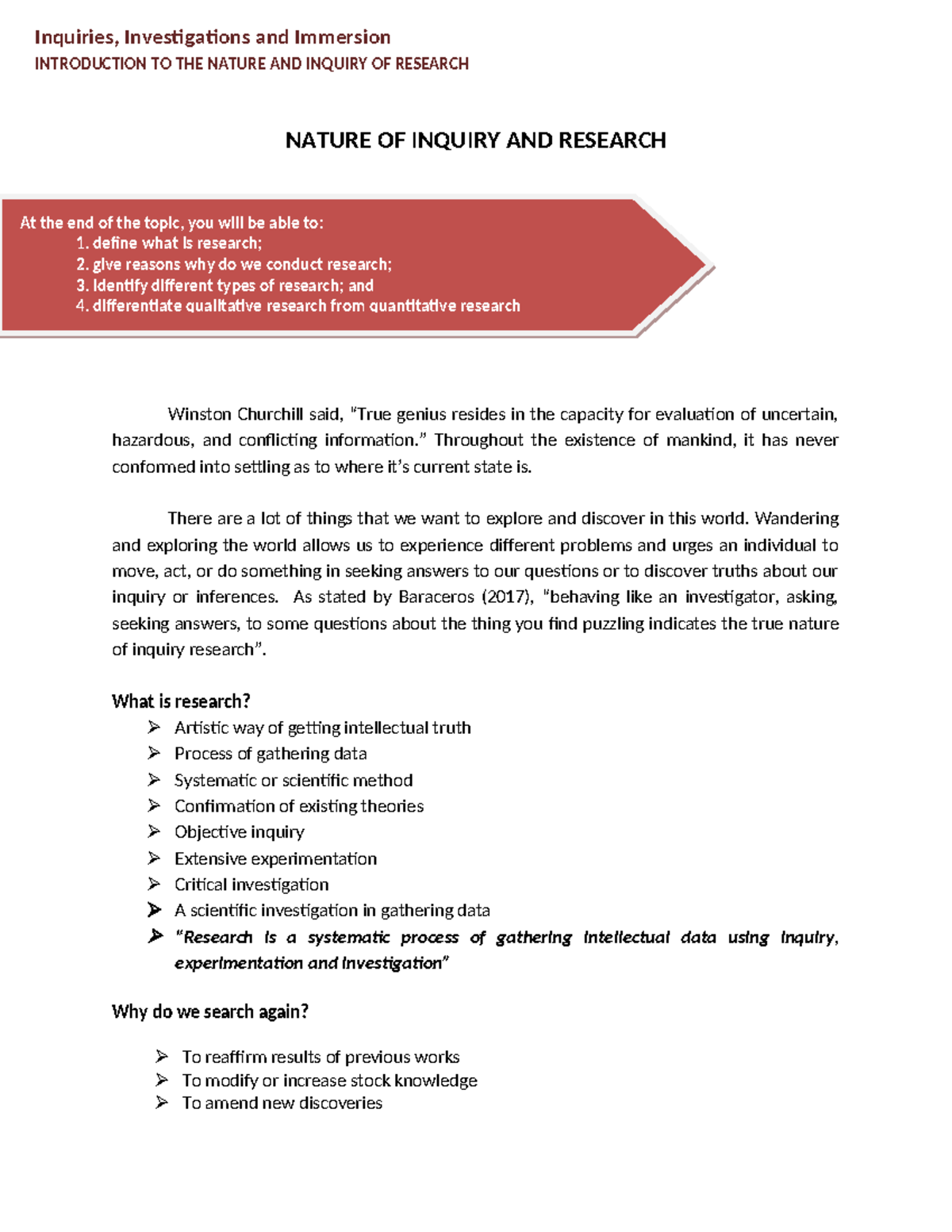 W1 Nature OF Inquiry AND Research - INTRODUCTION TO THE NATURE AND ...