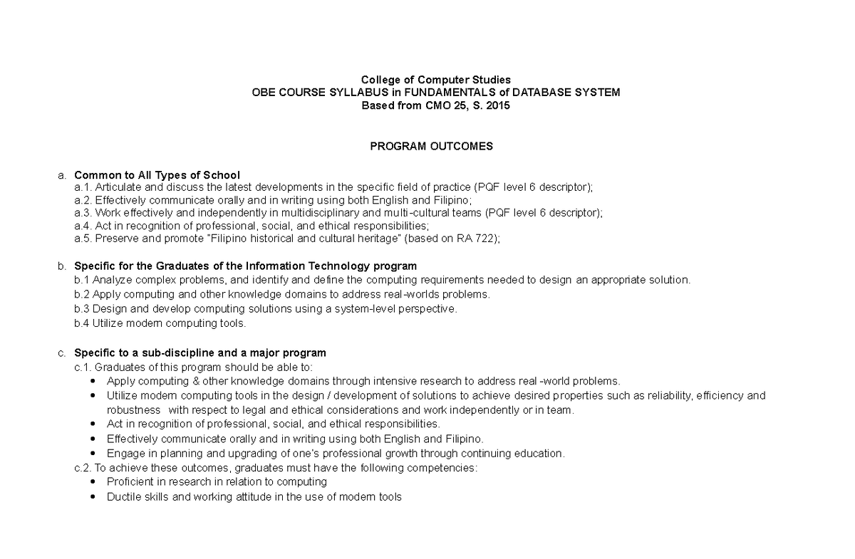Fundamentals of Database System - College of Computer Studies OBE ...