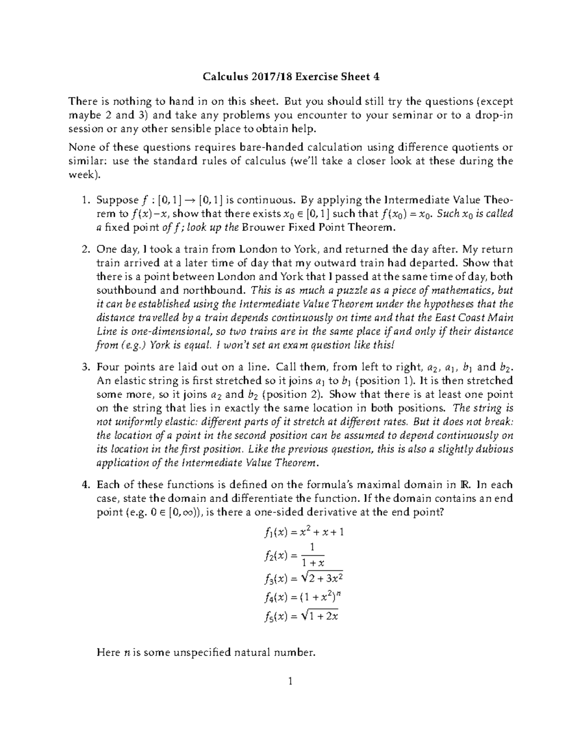 Calculus exercises 04 - Calculus 2017/18 Exercise Sheet 4 There is ...