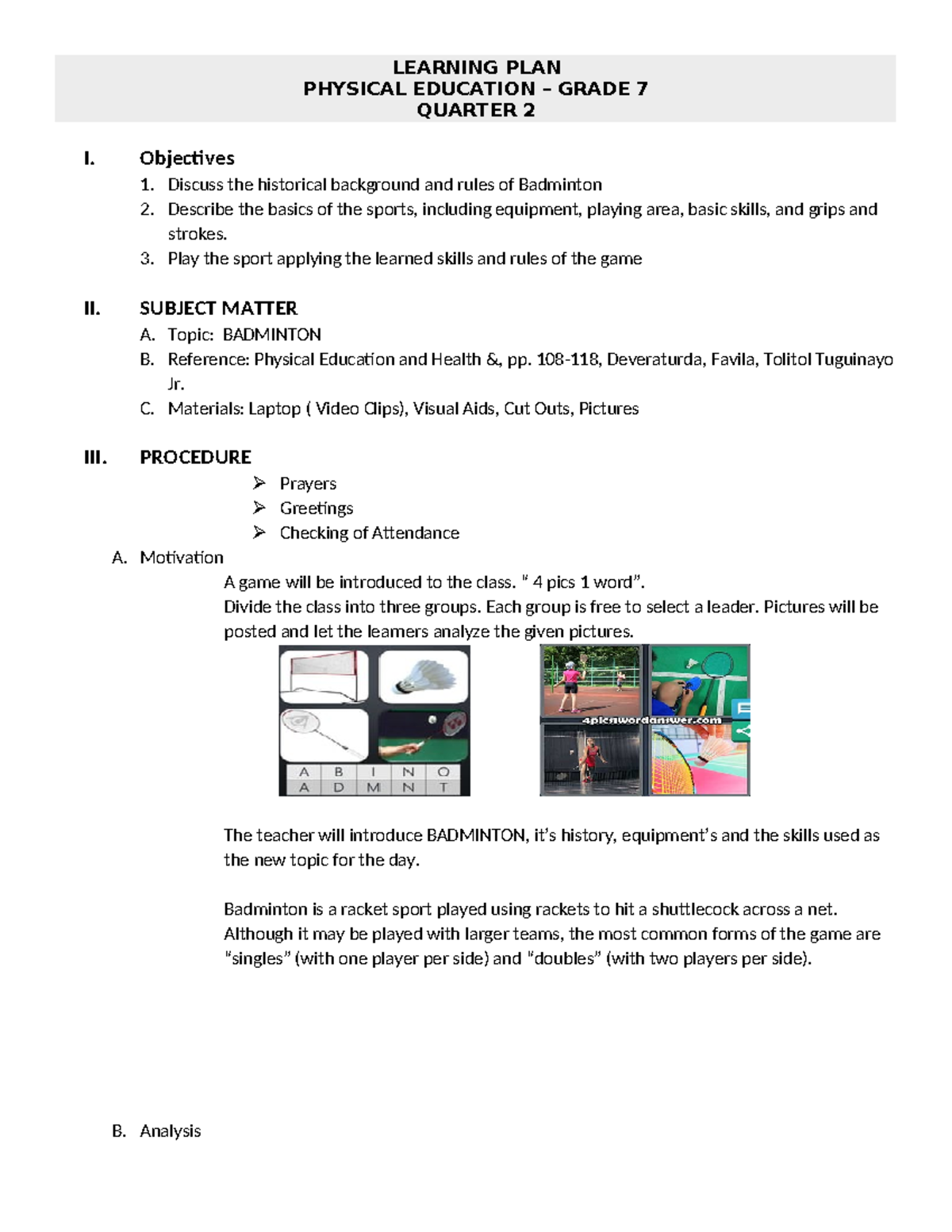 badminton learning plan - LEARNING PLAN PHYSICAL EDUCATION – GRADE 7 ...