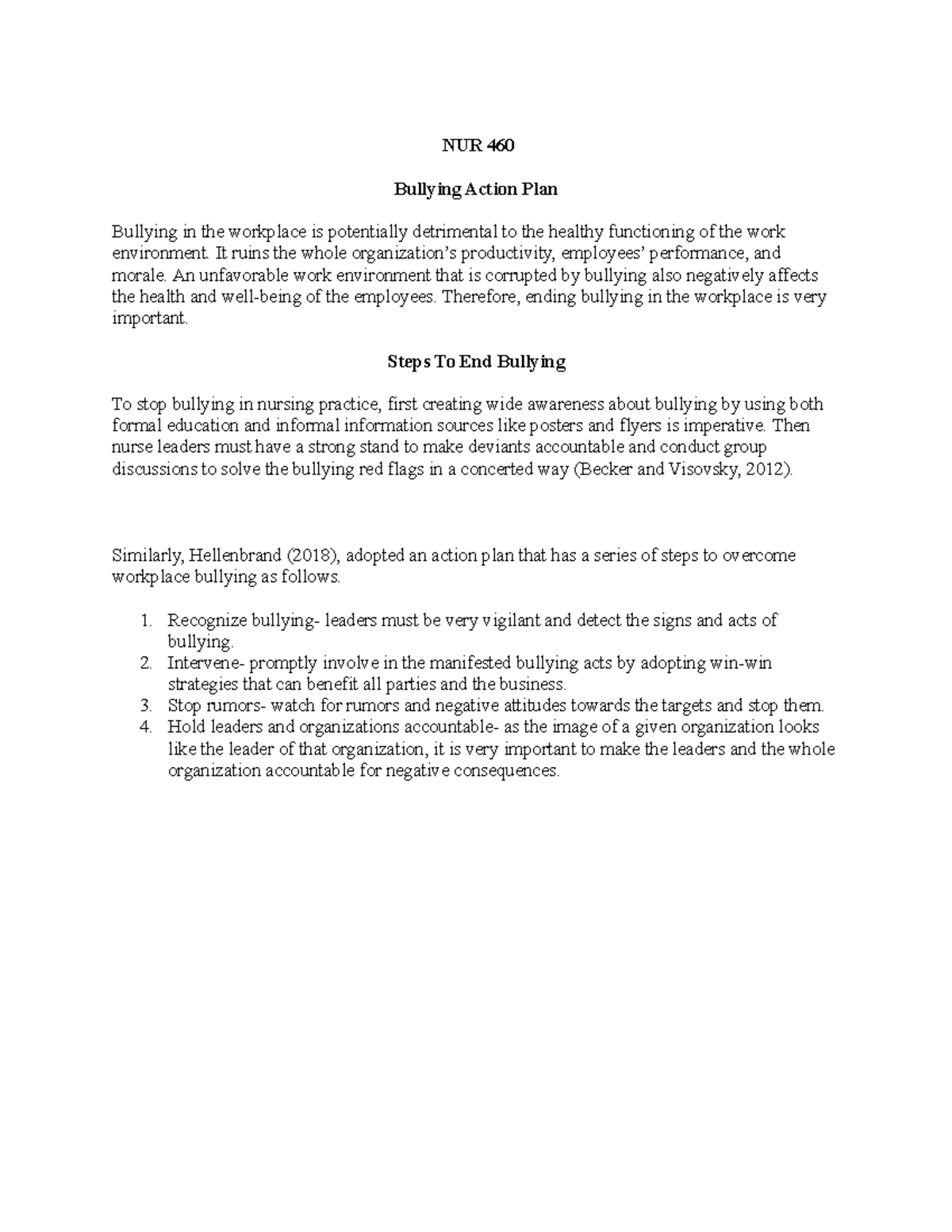 Bullying Action plan - Class assignment - NUR 460 Bullying Action Plan ...