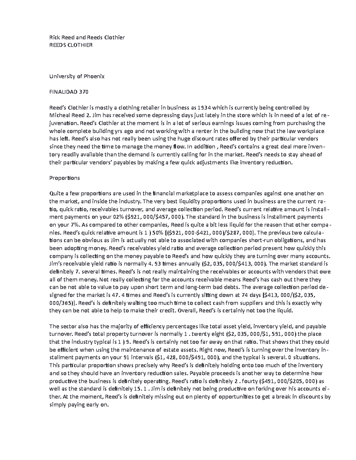 Fin 200 Case Study Wk 4 Jim Reed and Reeds Clothier 1 - Rick Reed and ...